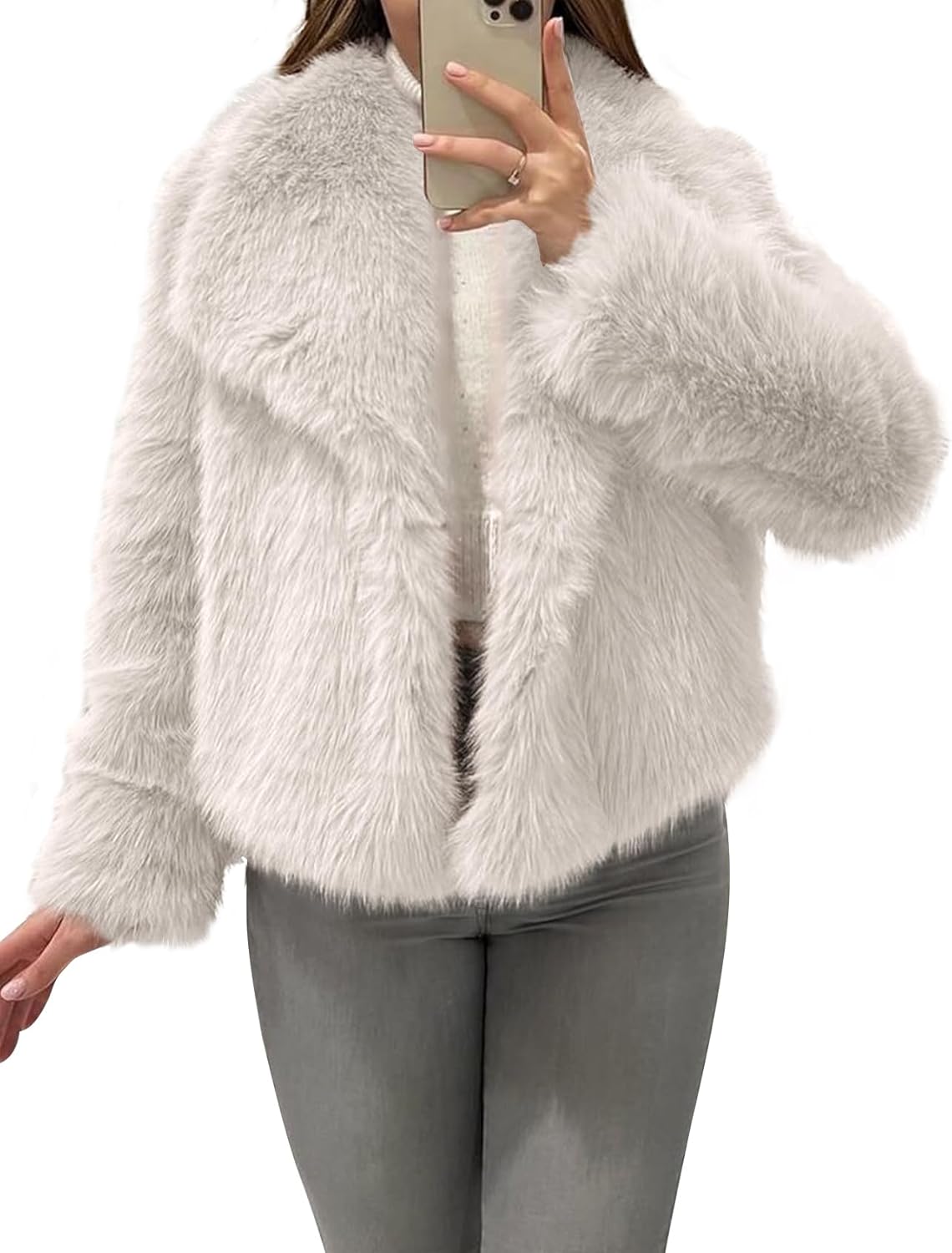 COZYPOIN Womens Faux Fur Jacket Fluffy Fur Cropped Coat Long Sleeve ...