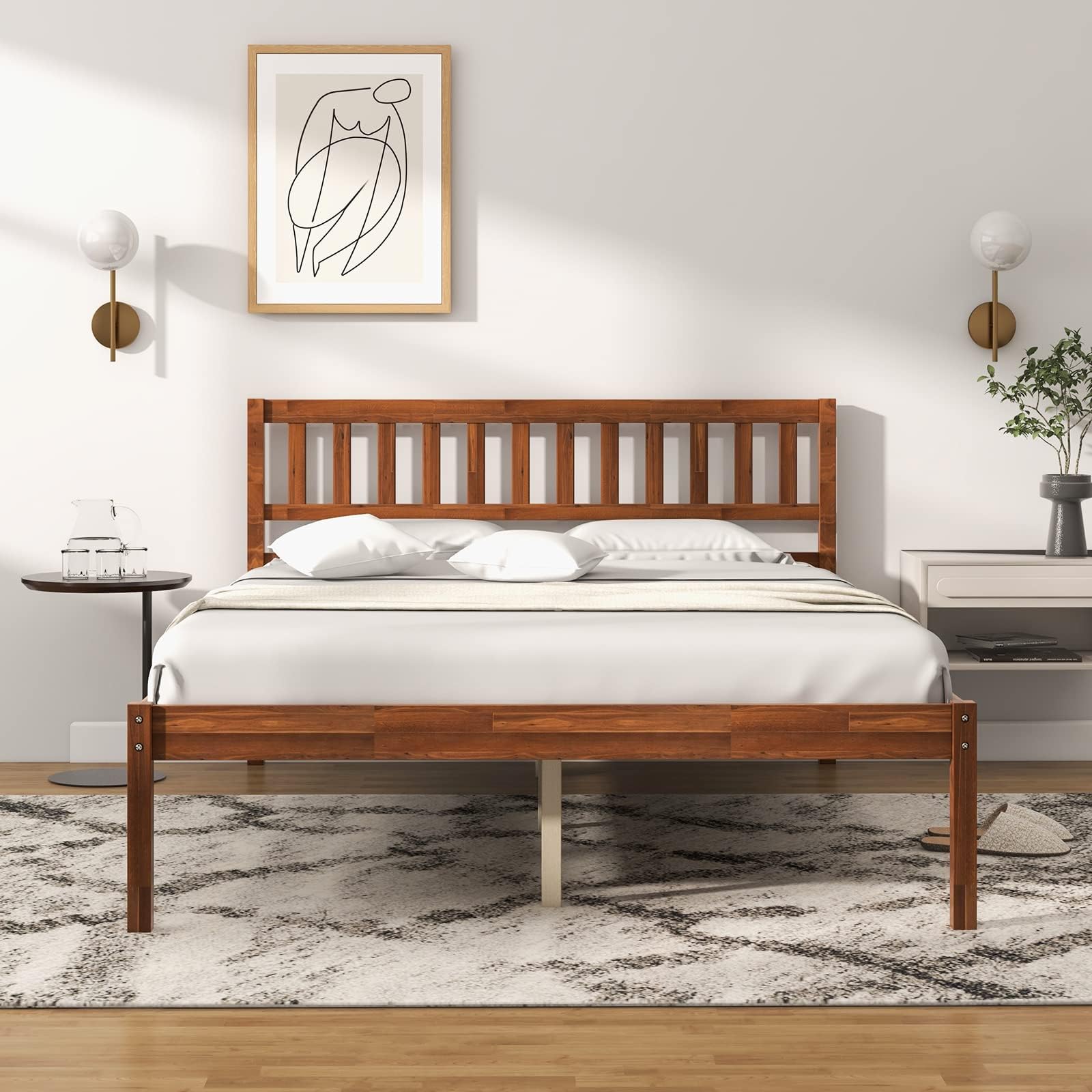 Giantex Wood Full Size Bed Frame with Headboard, Mid Century Solid Wood ...