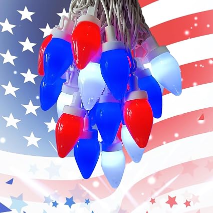 25Ft Red White and Blue Lights C7 4th of July Light Outdoor 25 LED ...