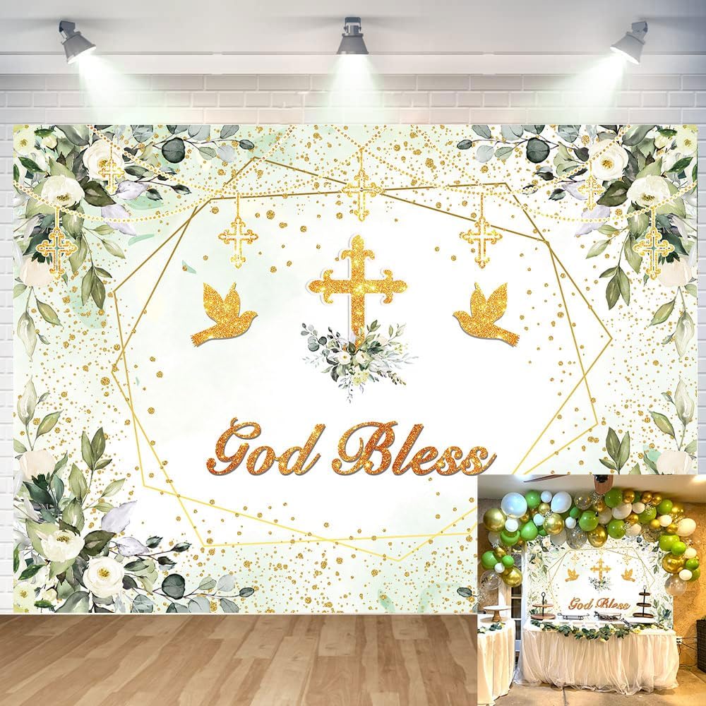 Amazon.com : Greenery God Bless Backdrop Green and Gold Baptism ...