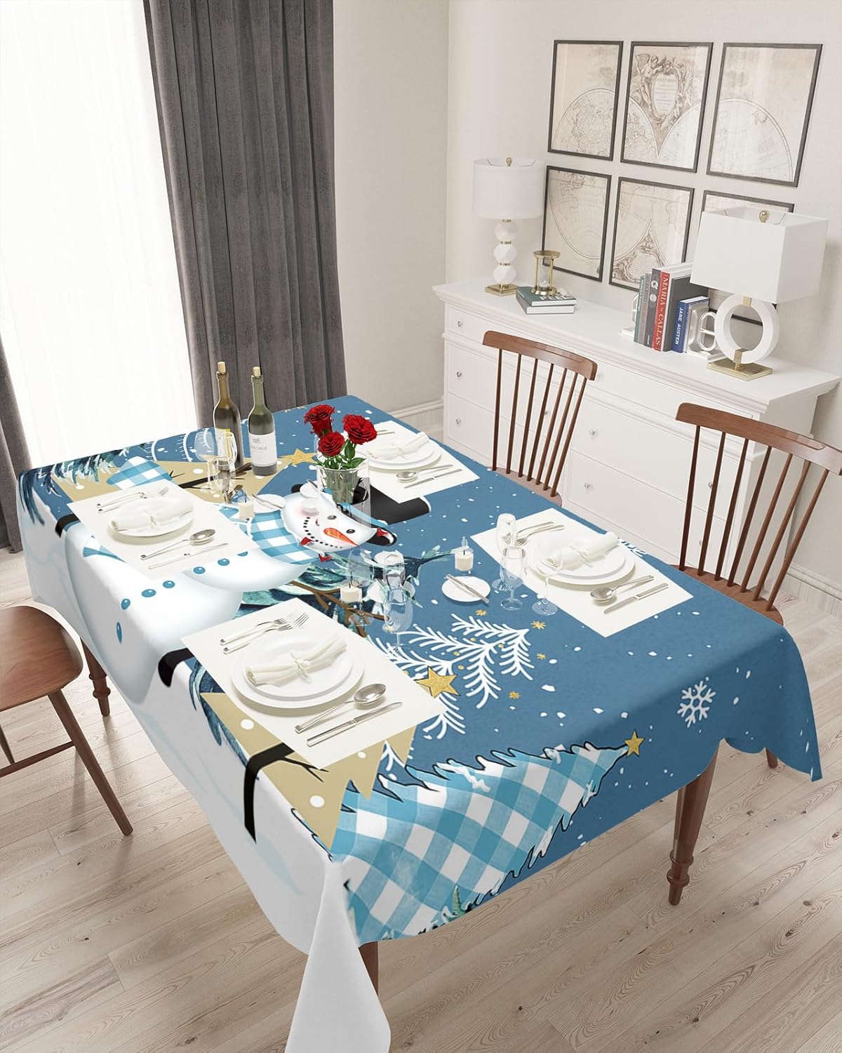 Amazon.com: Blue Snowman Christmas Tablecloths for Rectangle 60 x 104 ...