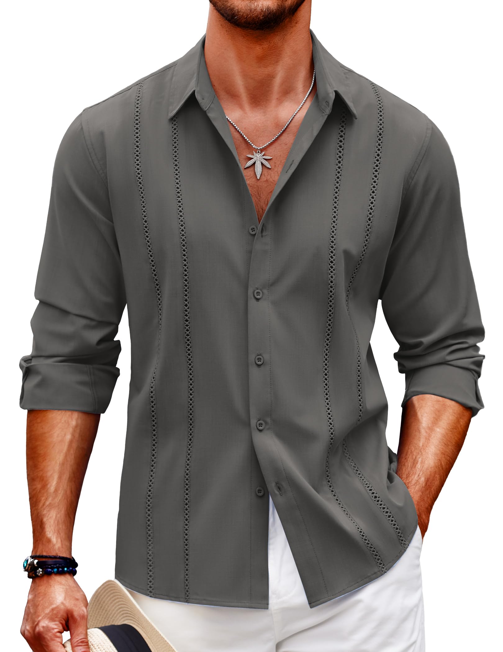 XXL - COOFANDY Mens Cuban Guayabera Shirt Casual Button Down Shirts ...