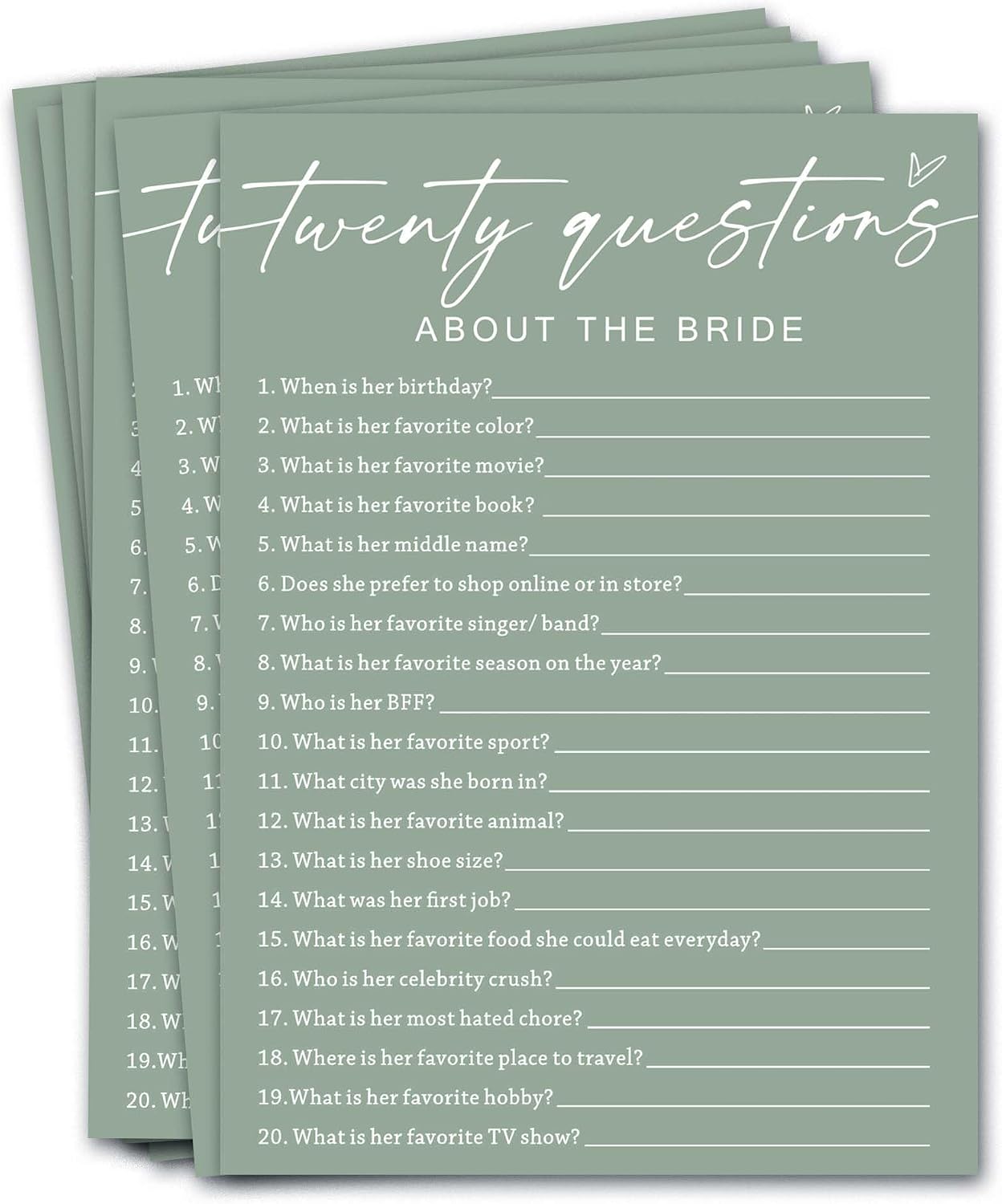 Amazon.com: Bridal Shower Games Cards, Twenty Questions About The Bride ...