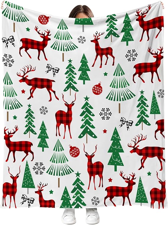 Amazon.com: Merry Christmas Tree Throw Blanket Red Plaid Reindeer Throw ...