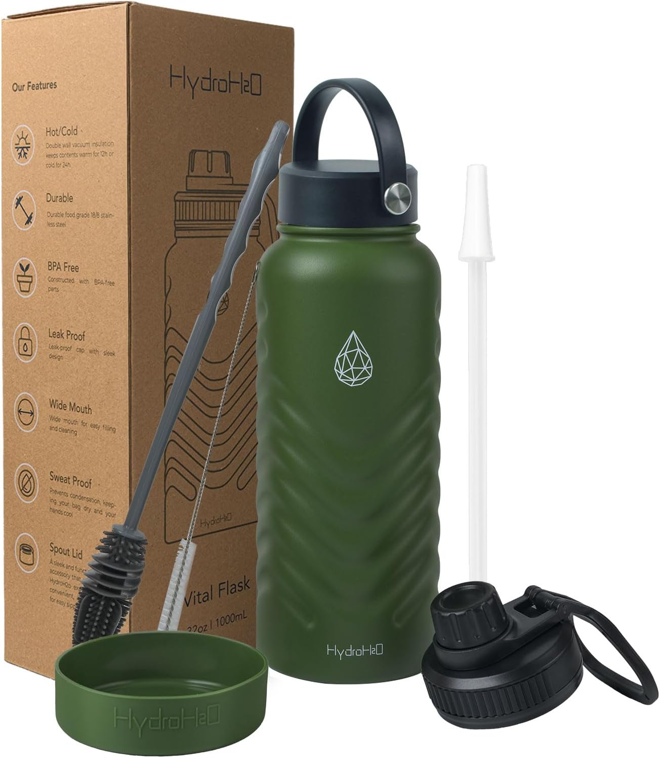 Amazon.com: HYDRO H2O Insulated Water Bottle 32 oz - Green Water Bottle ...