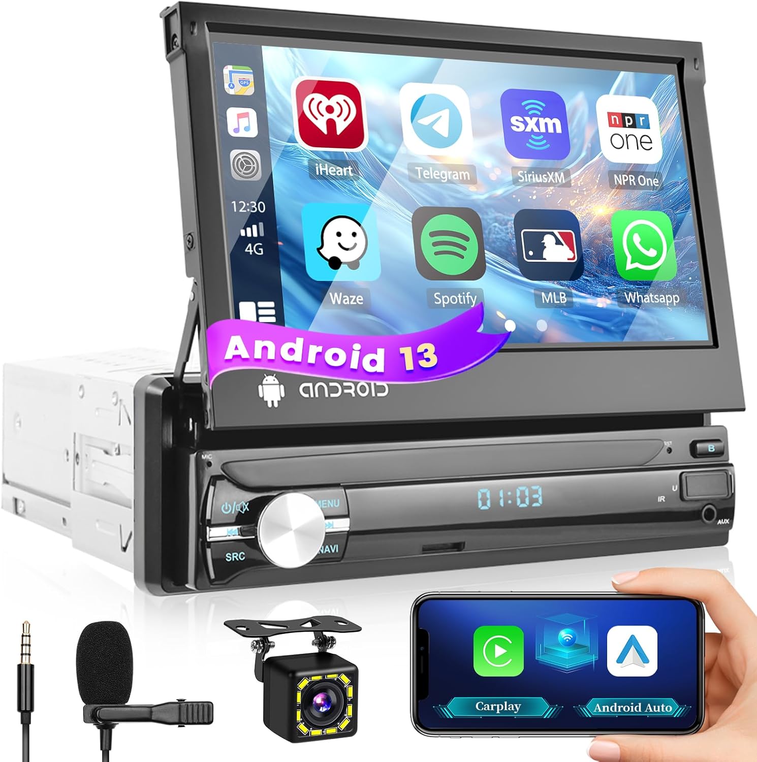 Hikity 7'' Retractable Screen Car Radio 1 Din CarPlay Wireless ...