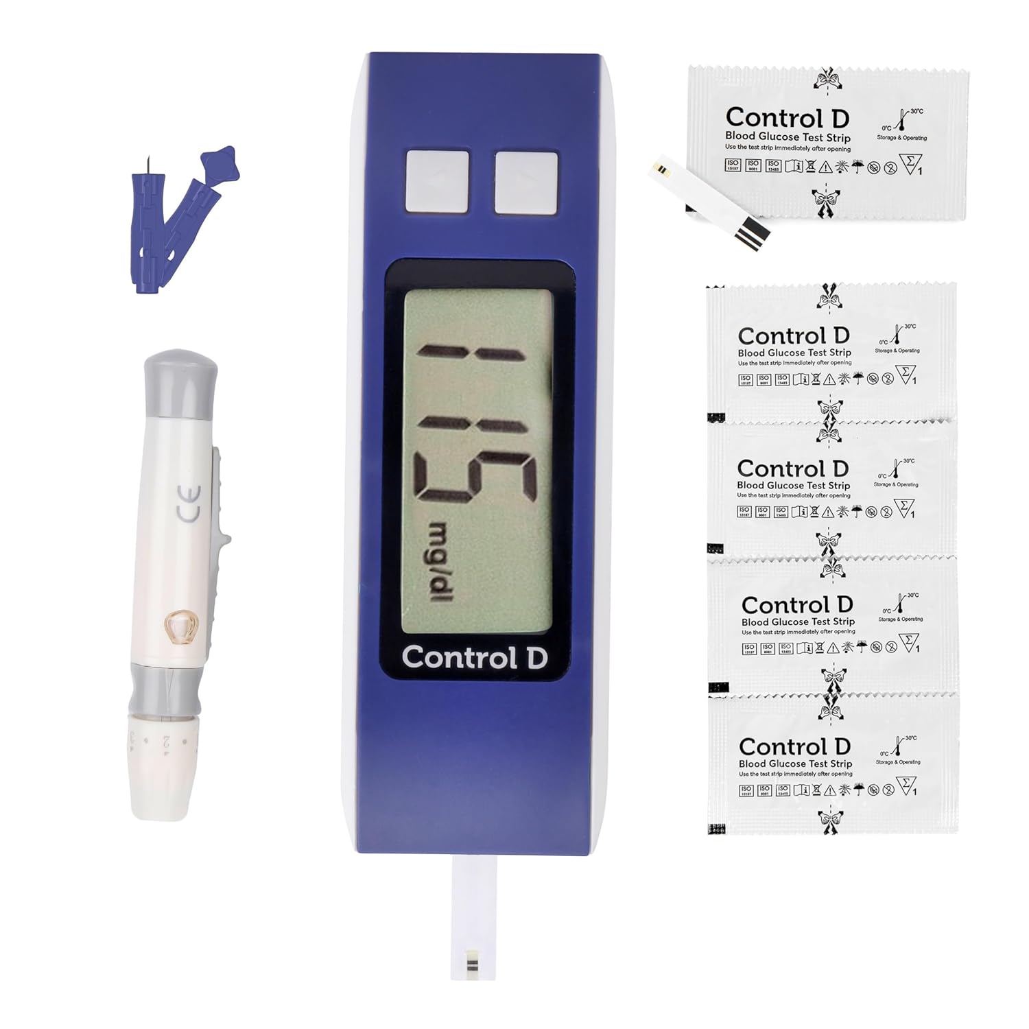 Control D Blue Meter Kit with 25 Single Foil Strips Glucometer (Blue ...