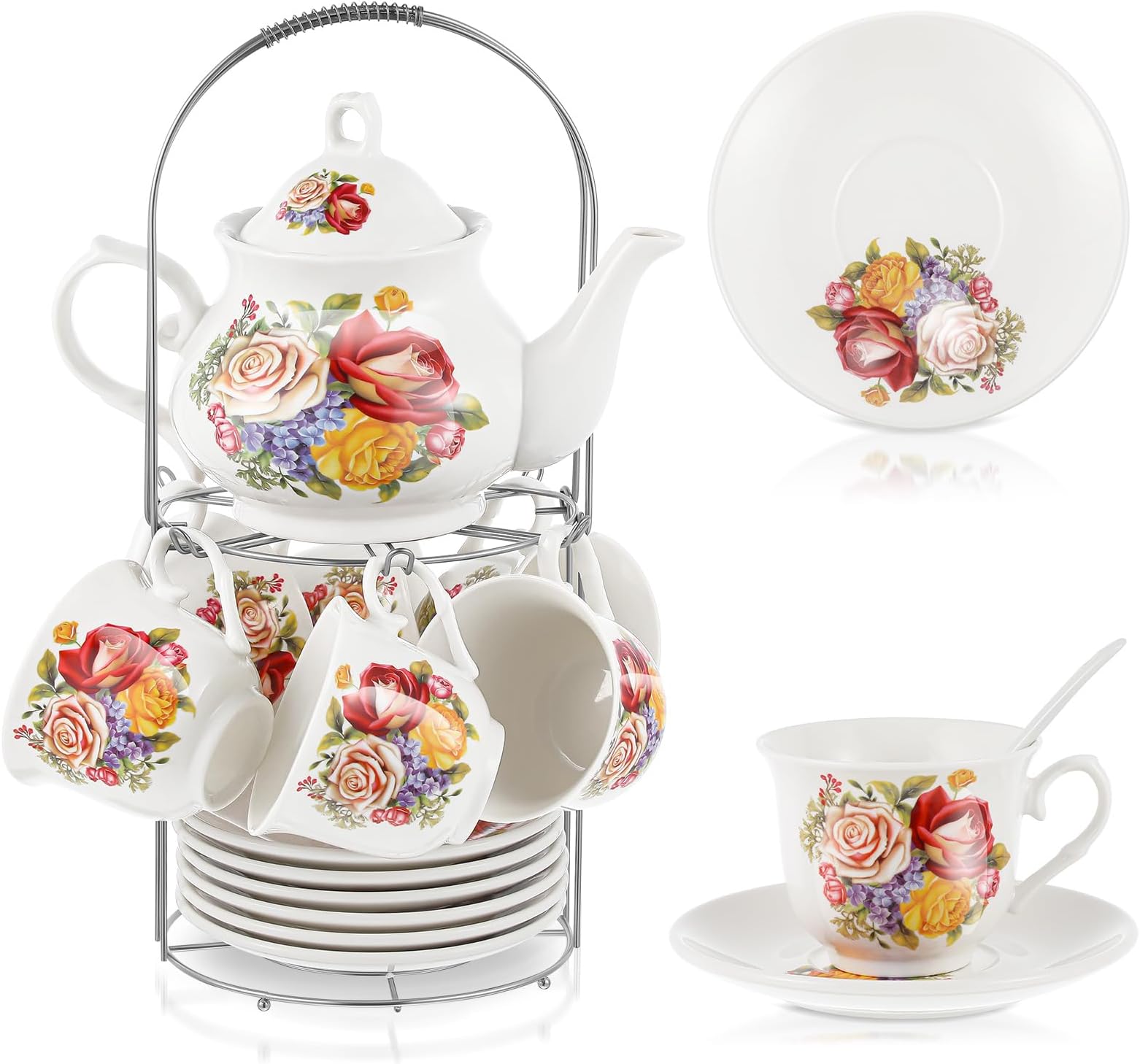 Amazon.com | Zhehao 20 Pcs Vintage Porcelain Tea Set with Metal Holder ...