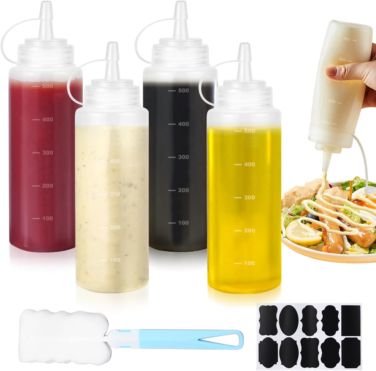 CoKeeSun 4PCS Sauce Bottle 16oz, Squeeze Bottle 500ml, Reusable Squeezy ...