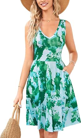 HUHOT Summer Dresses for Women 2023 Green Floral Sleeveless Mini Aline ...