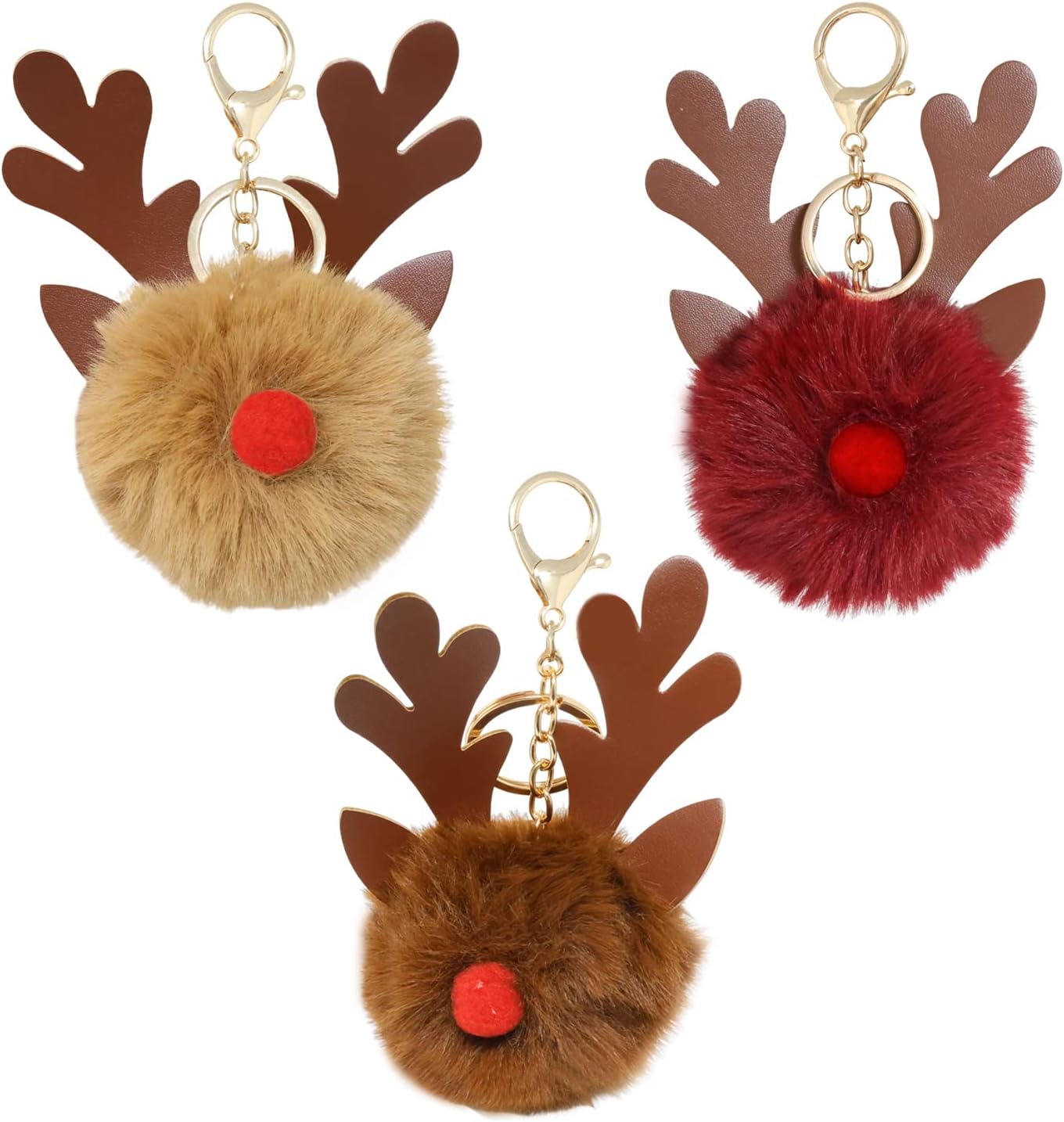 Honbay 3PCS Christmas Deer Keychains Reindeer Pom Pom Keyrings Animal ...