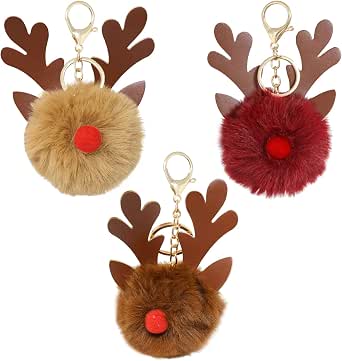 Honbay 3PCS Christmas Deer Keychains Reindeer Pom Pom Keyrings Animal ...