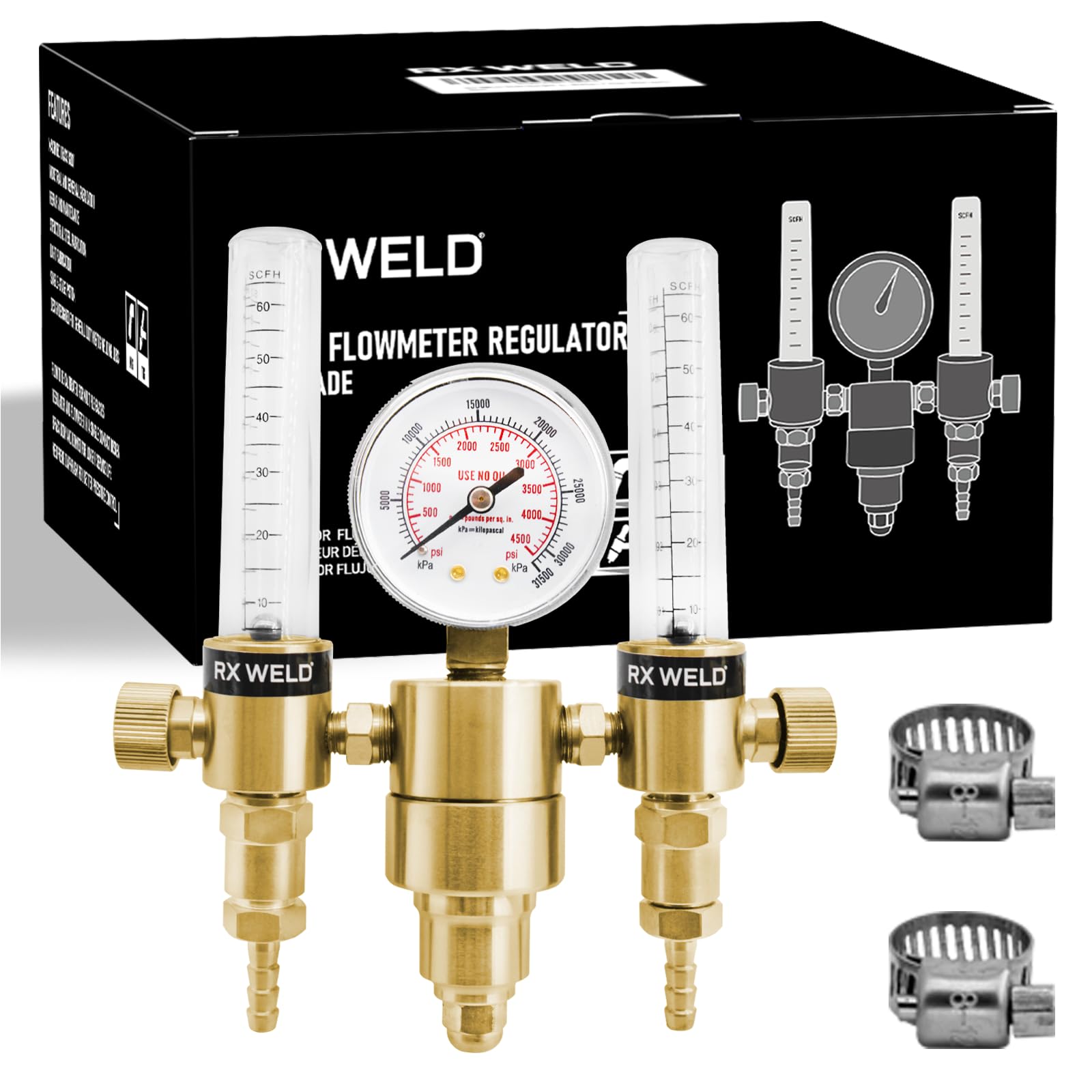 RX WELD Dual Output Argon Regulator, Flow Meter Mig Tig 0-60CFH CGA580 ...