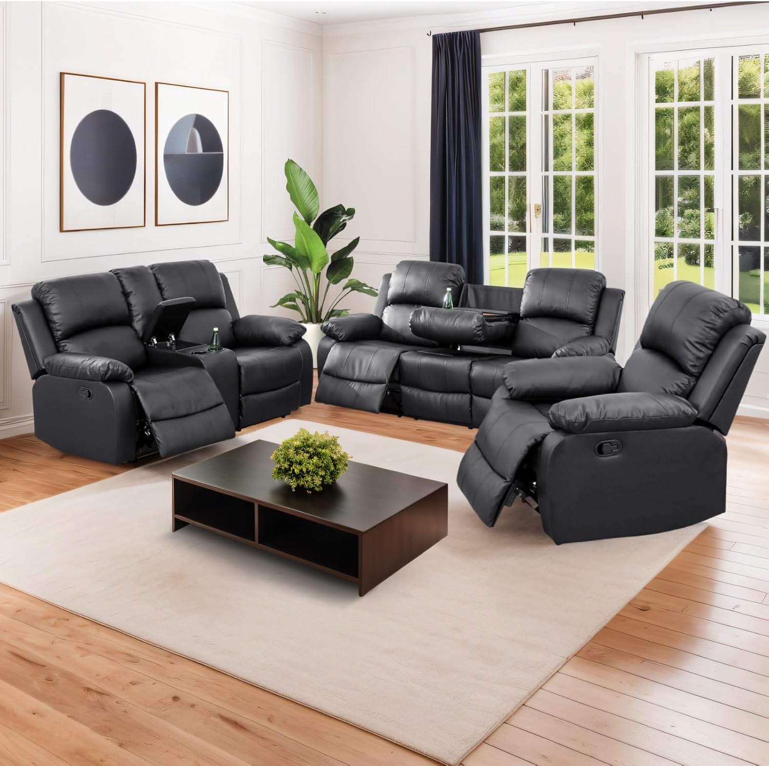 Amazon.com: Manual Leather Recliner Sofa Set 3-Piece Elegant Couch for ...