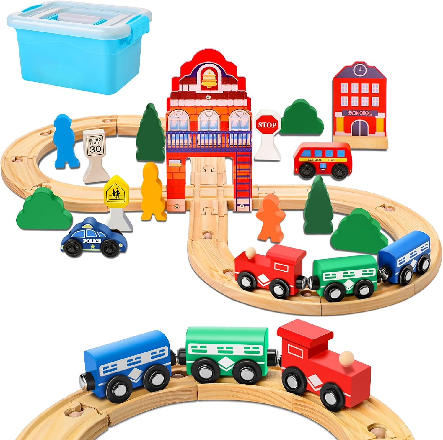 Junkin Juego de trenes de madera para niños pequeños, 36 piezas de ...