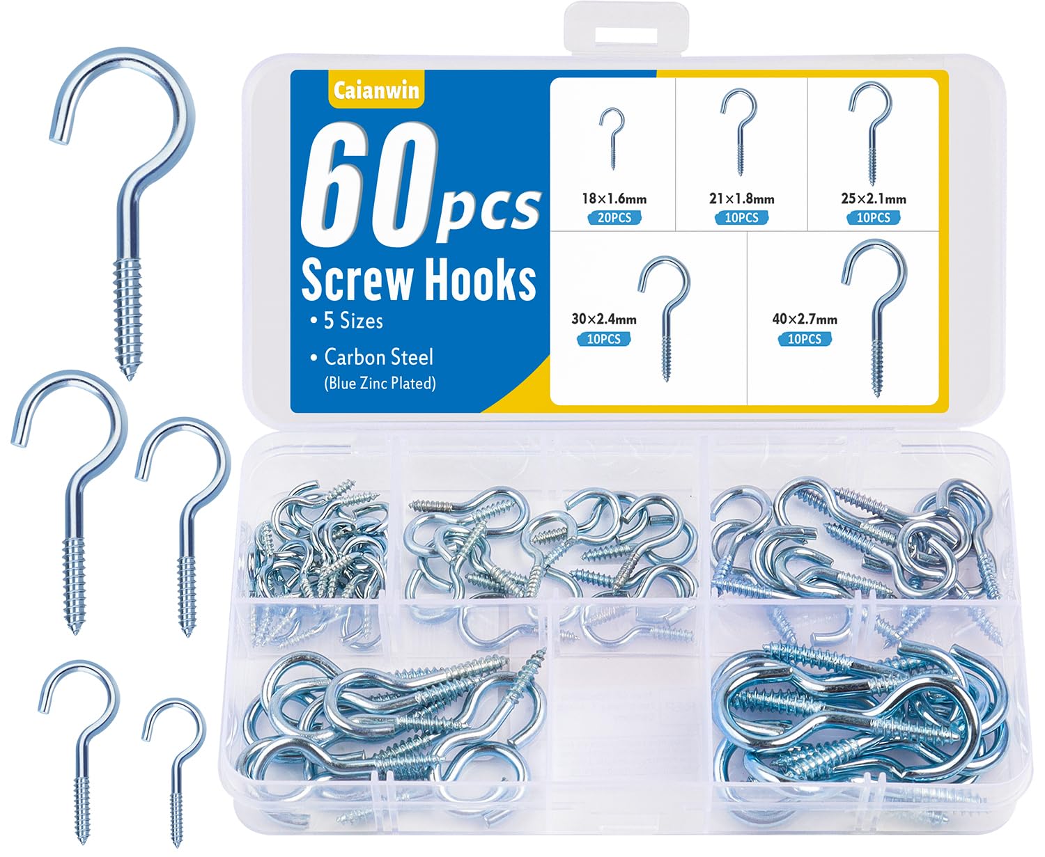 Caianwin 60 Piece Screw Hook Set Mini and Small Hook Screws with Thread ...