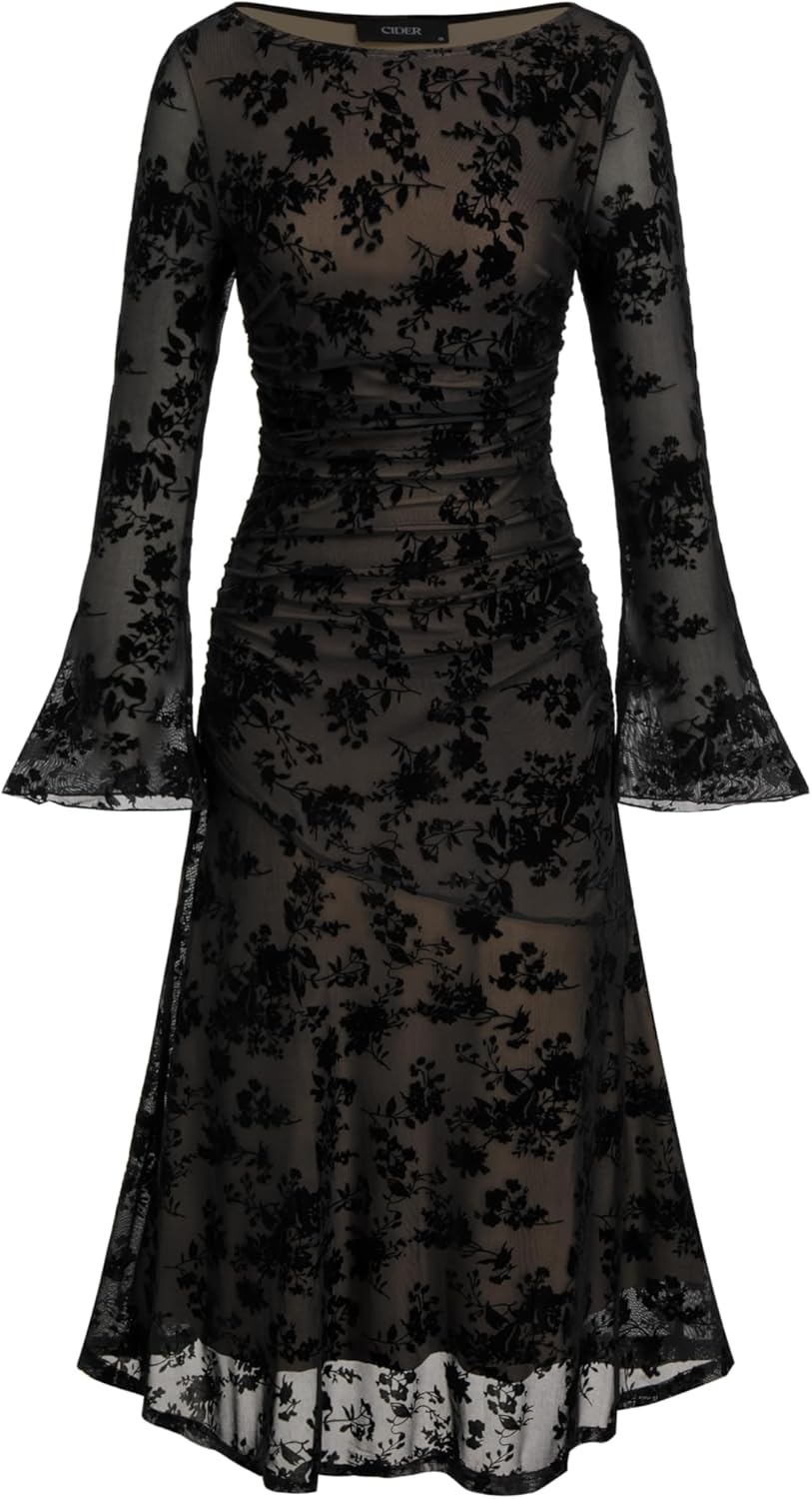 Amazon.com: CIDER Maxi vestidos de encaje floral fruncido manga larga ...