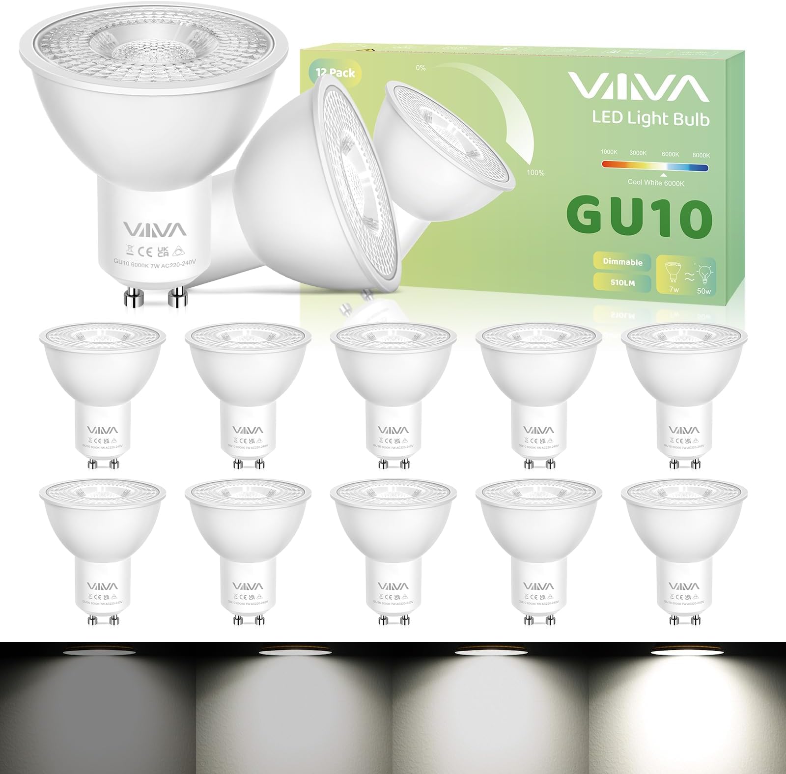 VIIIVA GU10 Led Bulbs Cool White Dimmable-12 Packs,7W 6000K Spotlight ...