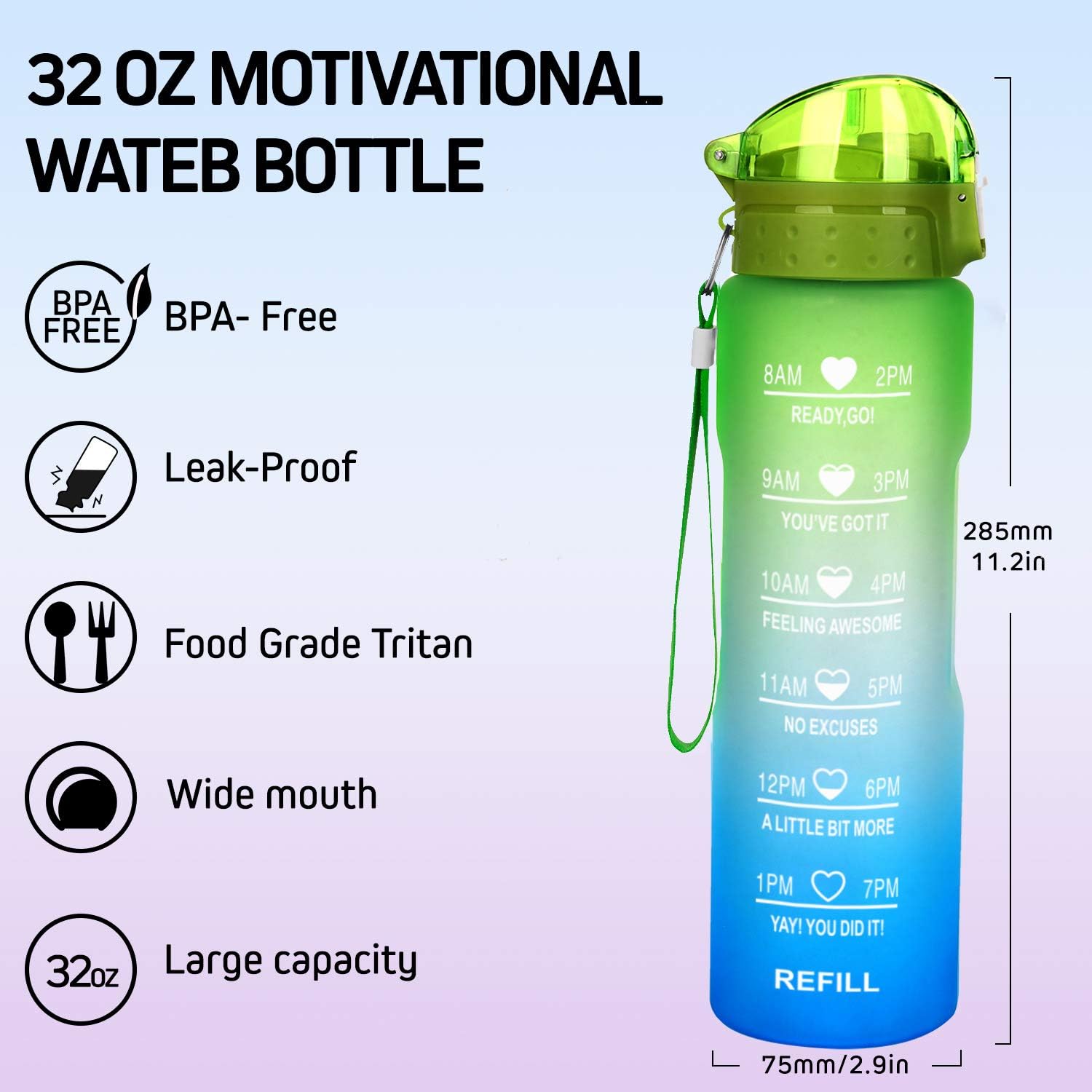 Botella de agua a prueba de fugas de 32 onzas con marcador de tiempo y tapa con popote para ...