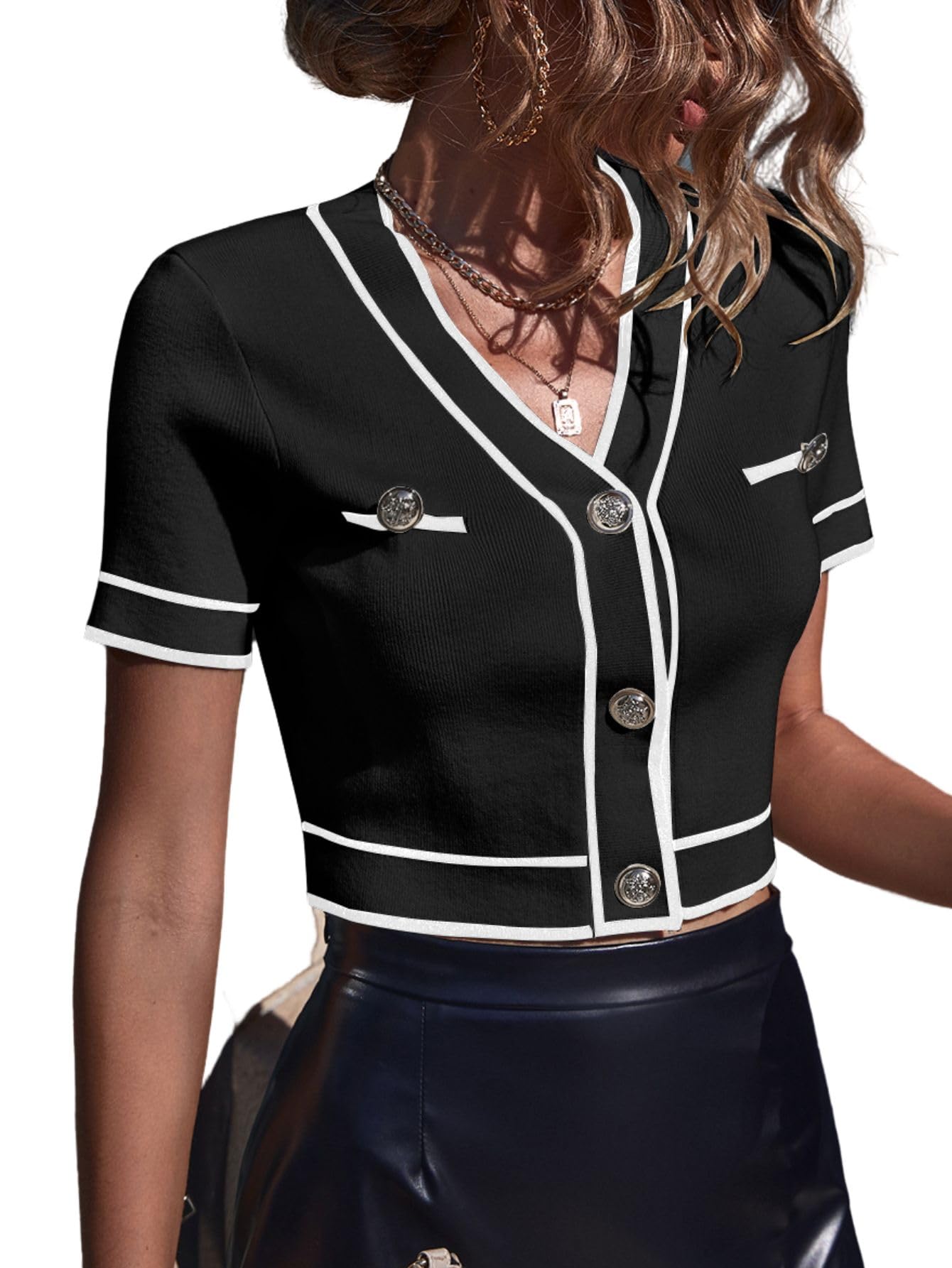 Verdusa Women's Striped Trim Contrast Binding Button Front V Neck Knit ...