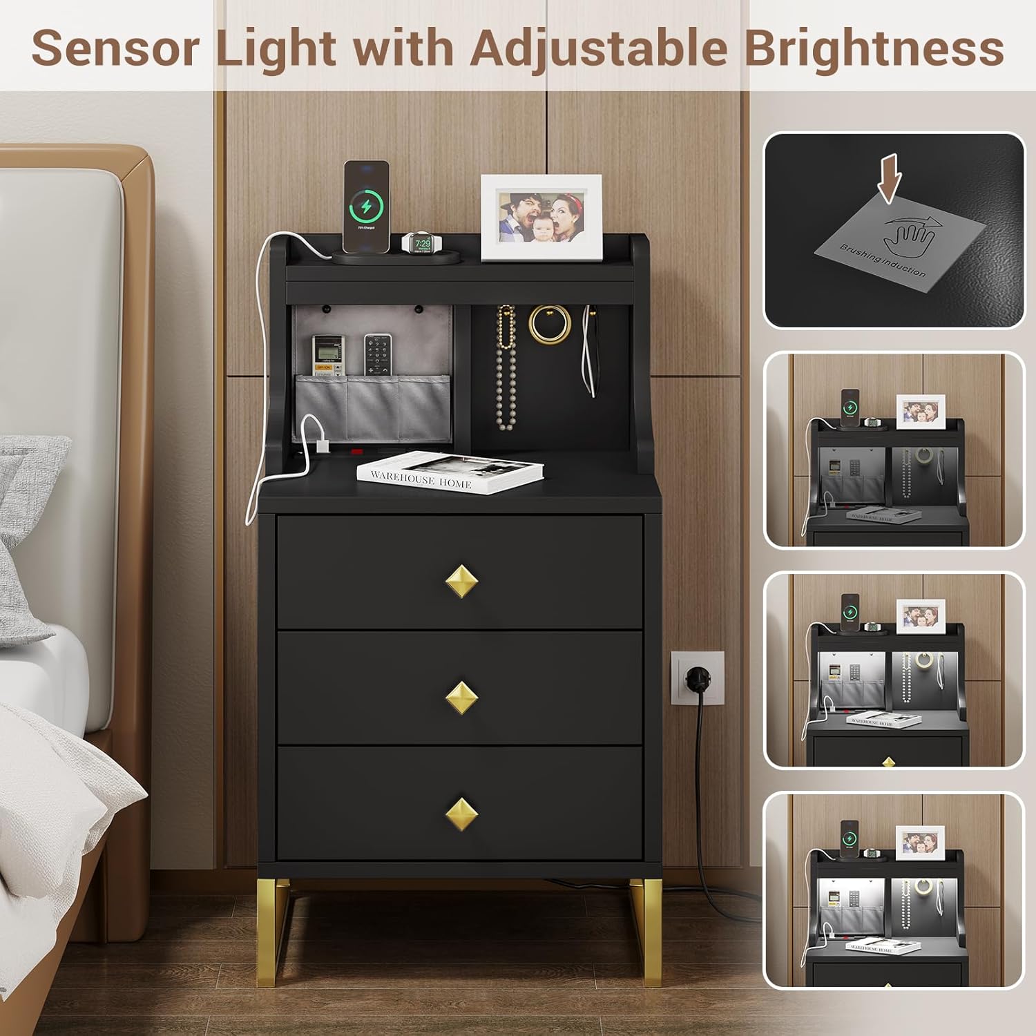 ADORNEVE Smart Night Stand Set 2,Luxury Night Stand with Sensor Light ...