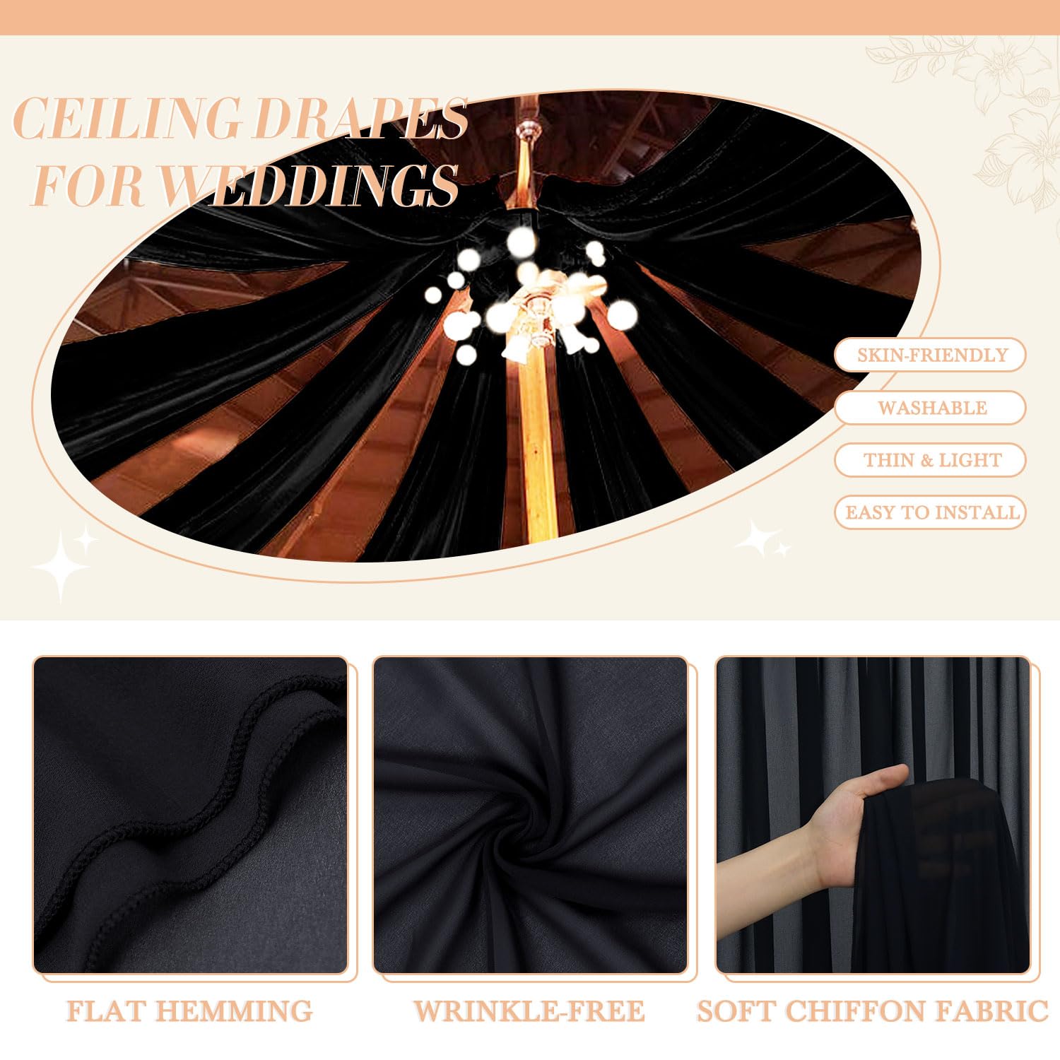 Black Ceiling Drapes Wedding Ceiling Curtains 5x20 FT 2 Panels Draping ...