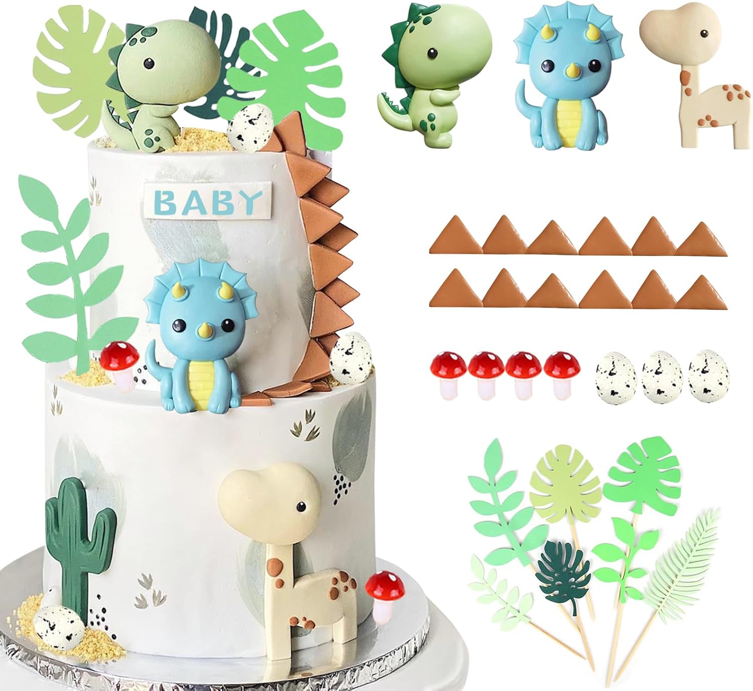 Amazon.com: Baby Dinosaur Cake Toppers with Dinosaur Eggs Green Leaves ...