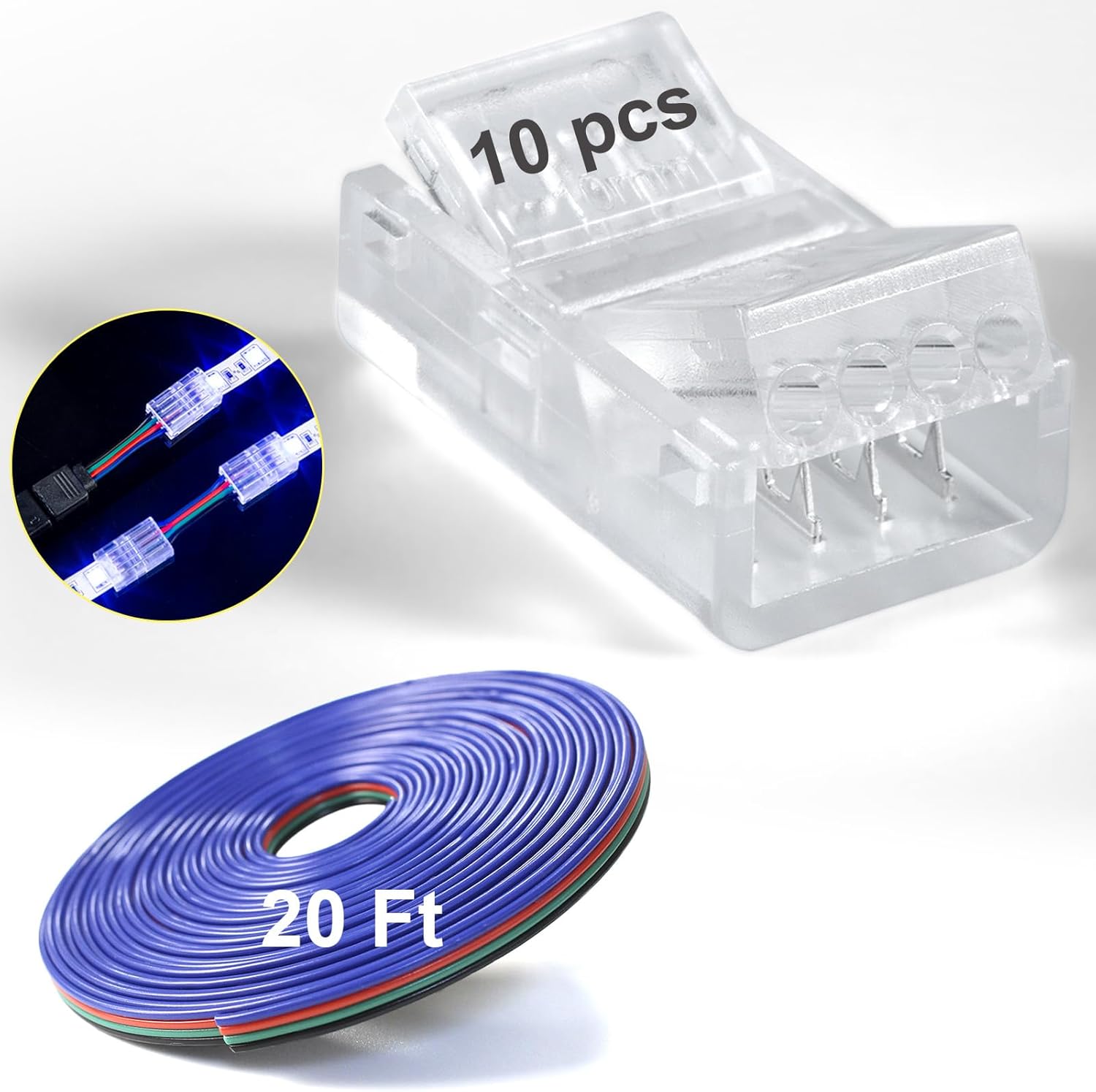 10PCS LED Strip Connectors - 20 Ft Conductor Extension Cable, 4 Pin ...