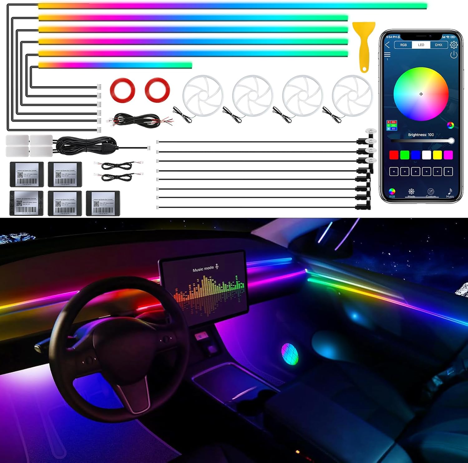 Dreamcolor Acrylic Interior Car LED Strip Light with Wireless APP, RGB ...