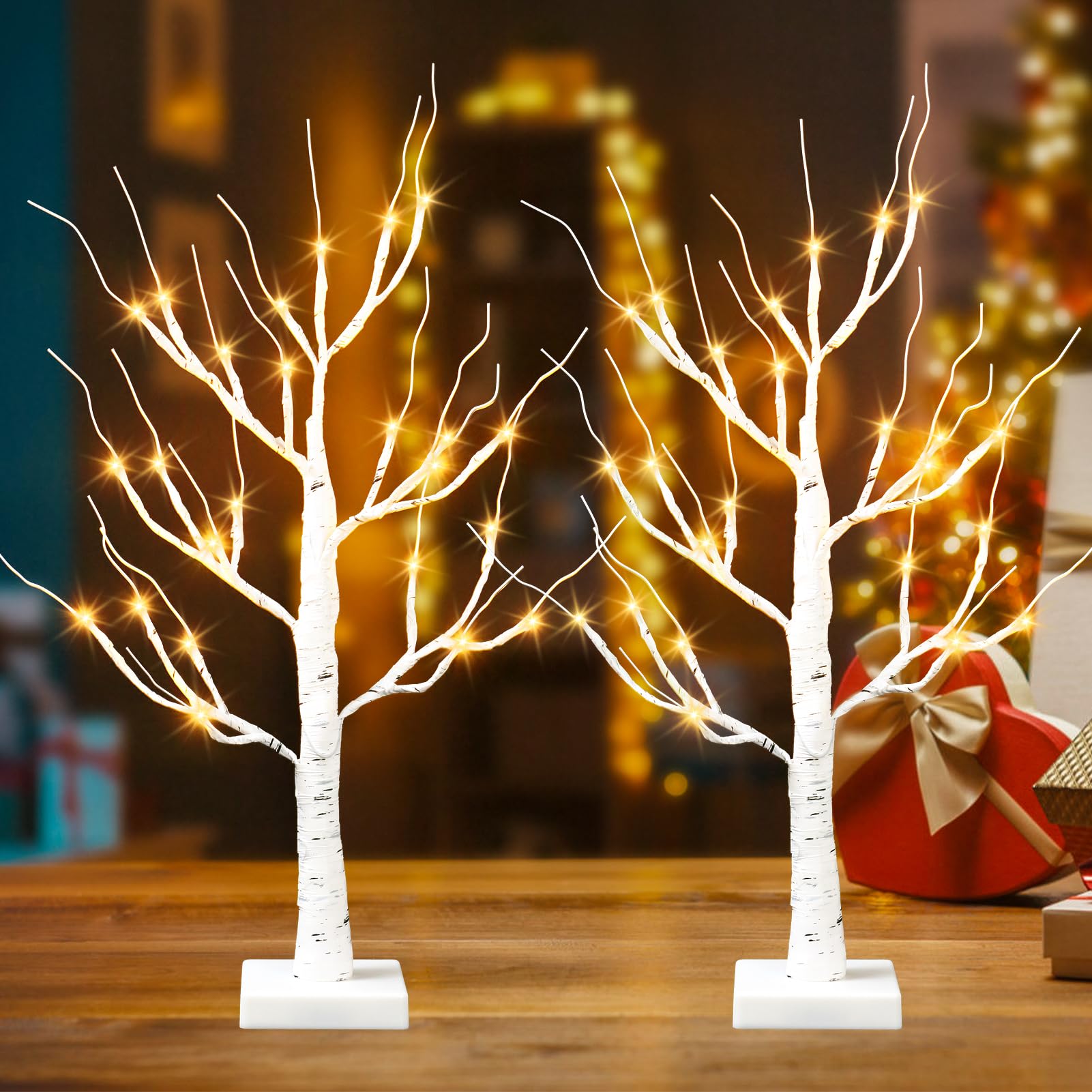 Christmas Tree Decorations Indoor, 2 Pack Birch Tree with 24 Led Lights ...