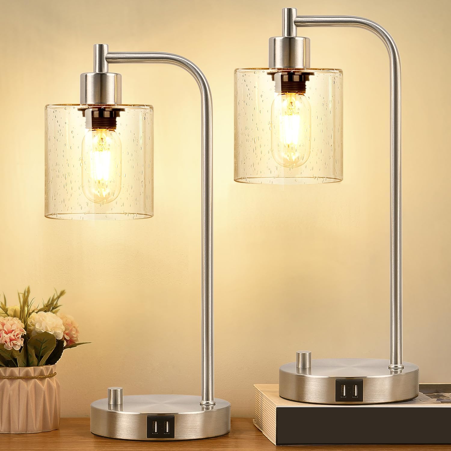 【Upgraded】Set of 2 Industrial Table Lamps with 2 USB Port, Fully Stepless Dimmable Bedside Lamps ...