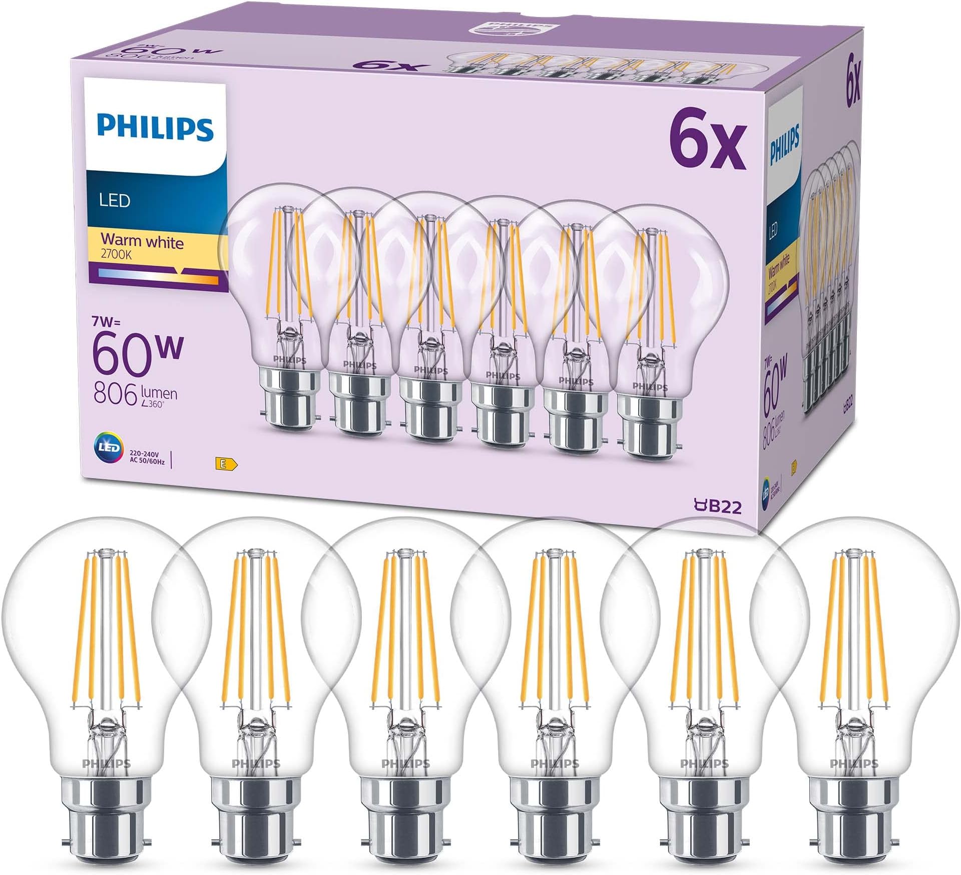 PHILIPS LED B22 Frosted 6 Pack Light Bulbs - 8 W (60 W) [Warm White ...