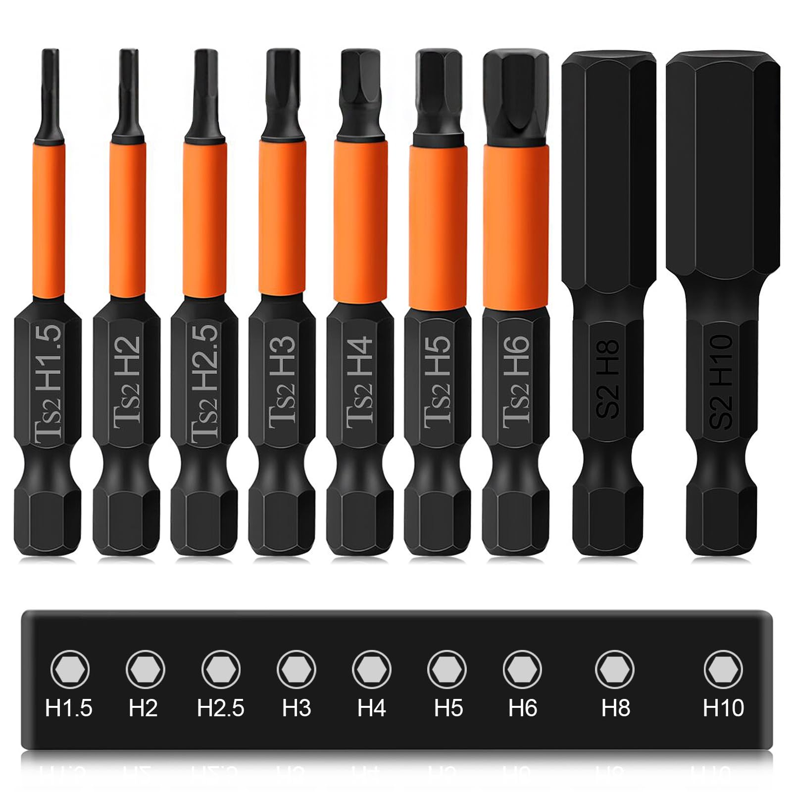 K Kwokker 9pcs 50mm Hex Allen Key Bit Set, S2 Steel Metric Hex Head ...