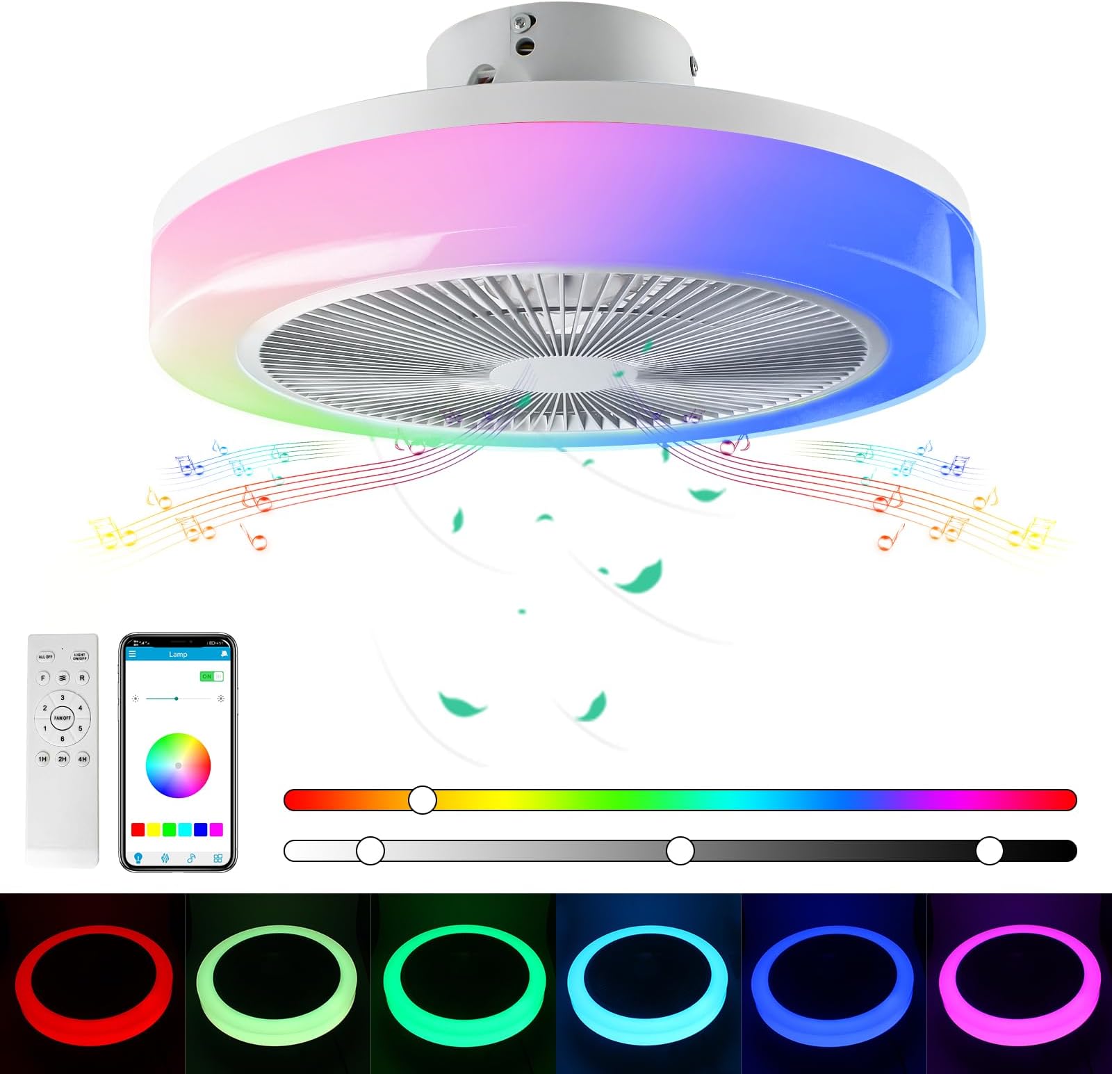 REDSTAR 16" RGB Dimmable Led Ceiling Fan, Enclosed Ceiling Fan with ...