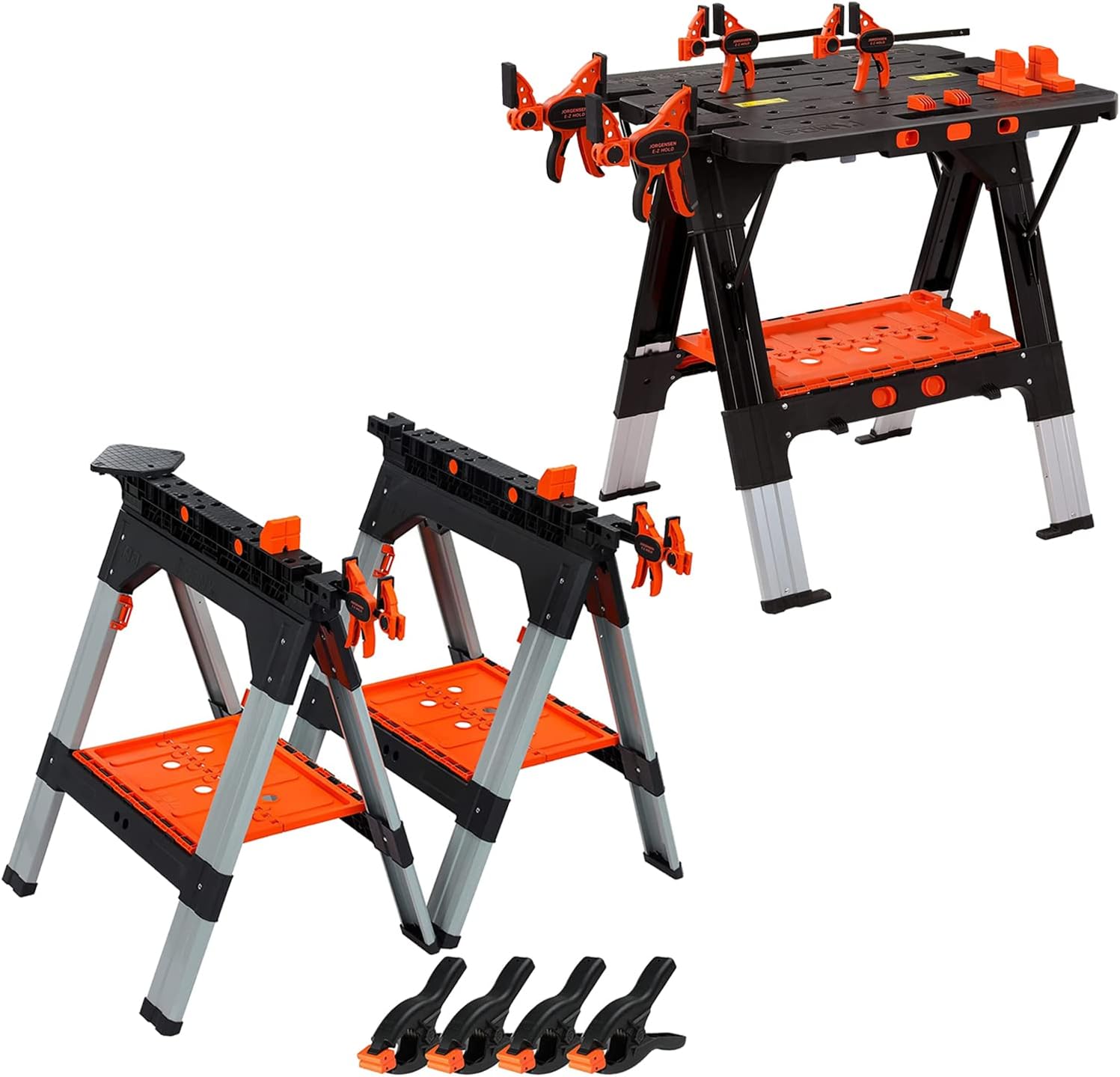 Pony Portable Folding Work Table and PONY 2-Pack Clamping Sawhorse with ...