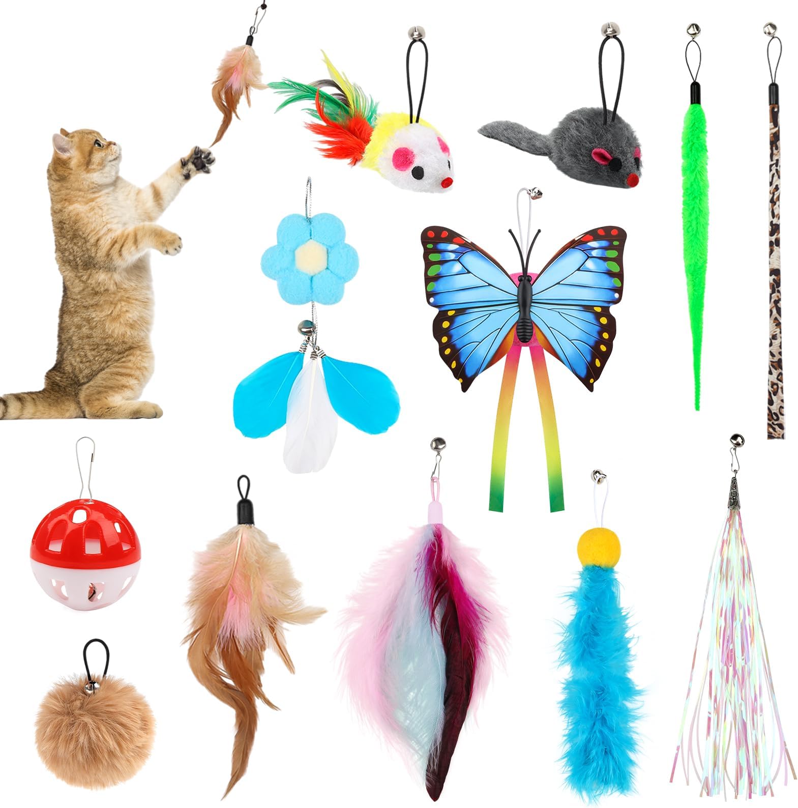 QUOZUO 12 pcs Cat Feather Toys Replacement Cat Toy Wand Refills, Cat ...
