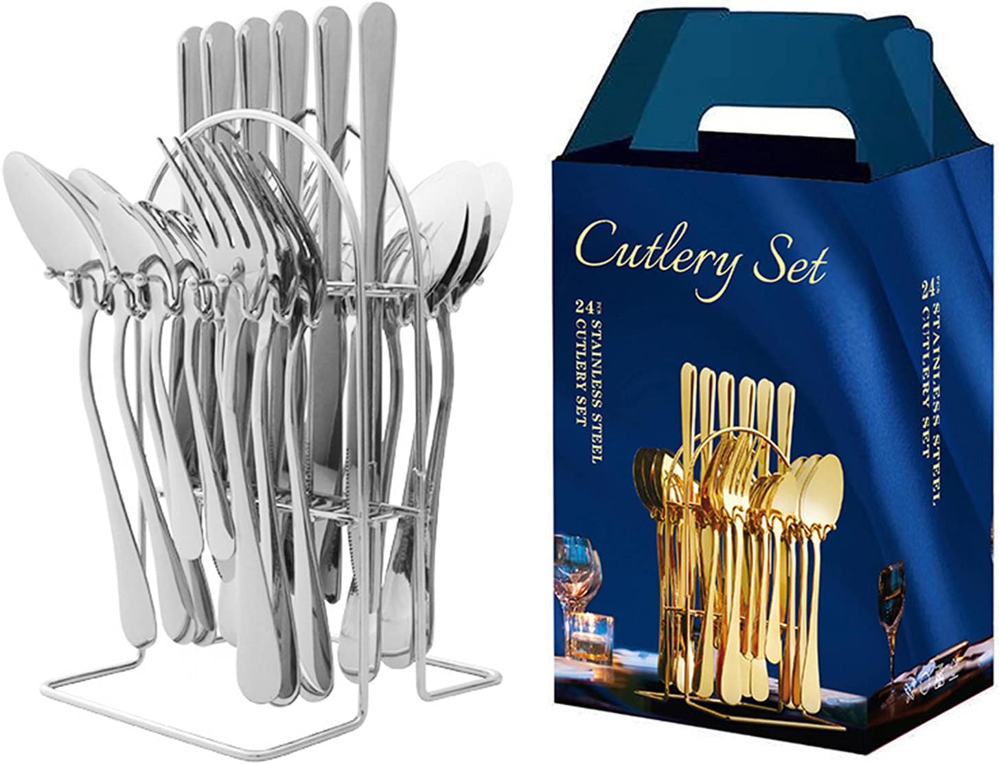 24 PC CUTLERY SET STAINLESS STEEL WITH STAND ON RACK (WHITE) : Amazon ...