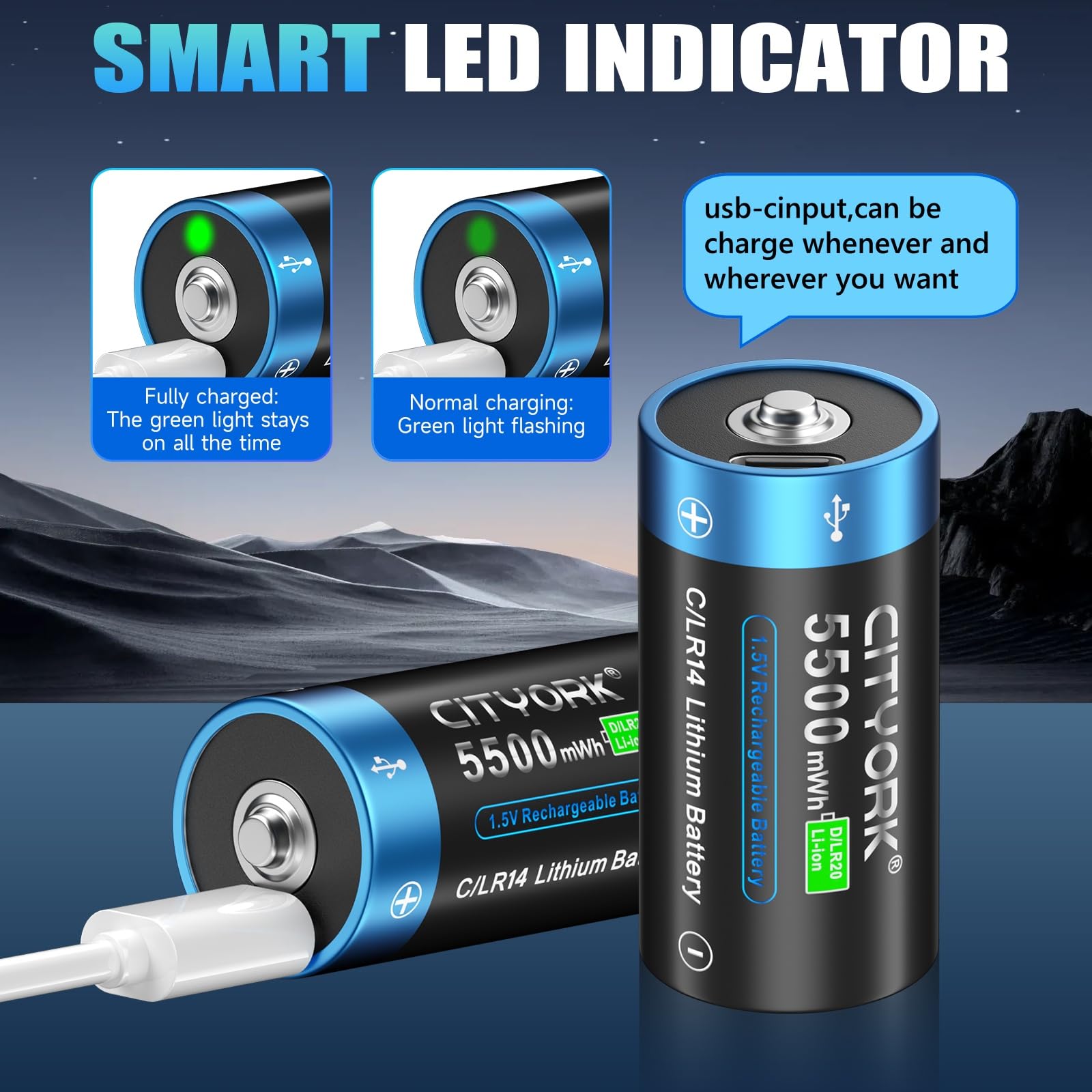 Snapklik.com : CITYORK 4 Pack USB Rechargeable C Cell Lithium Batteries ...