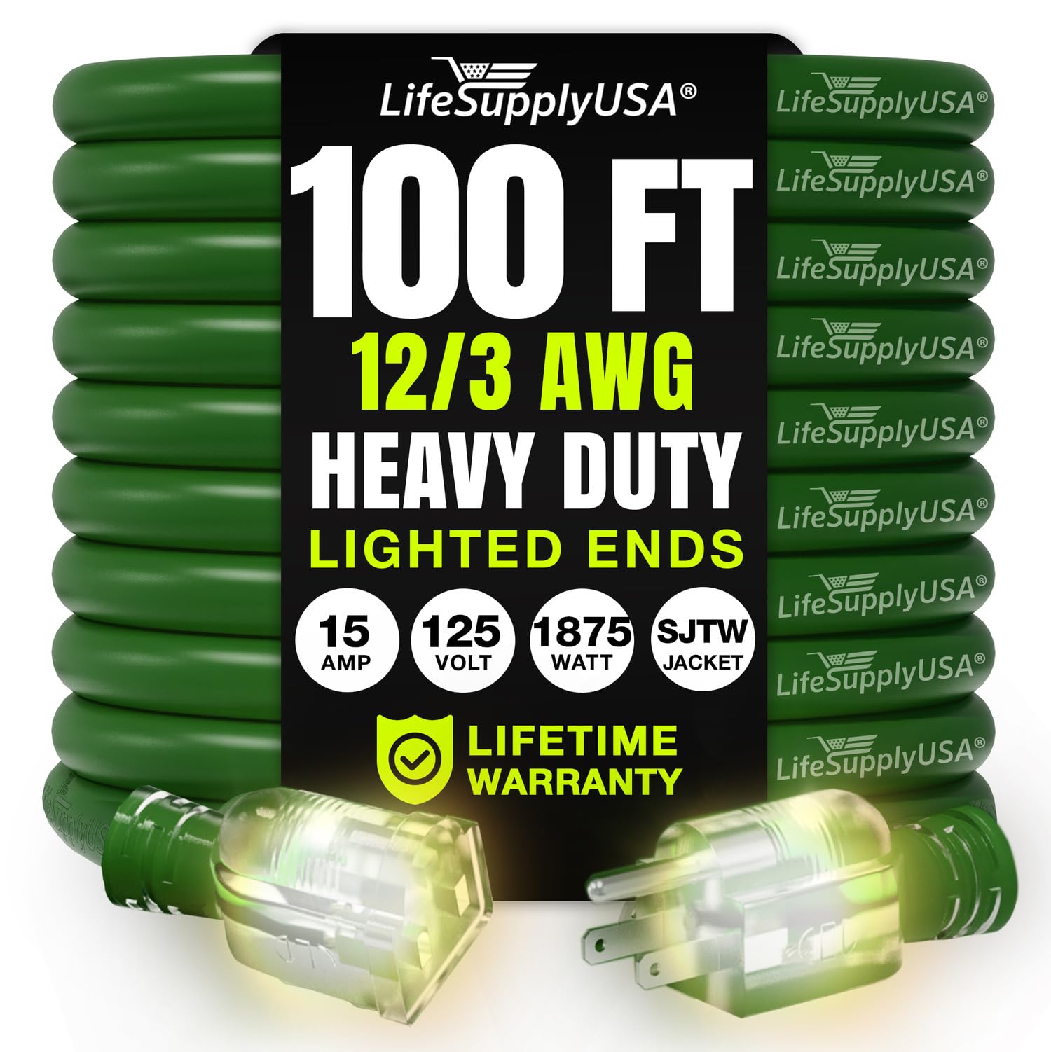 Amazon.com: LifeSupplyUSA 100ft Outdoor/Indoor Extension Cord 12/3 ...