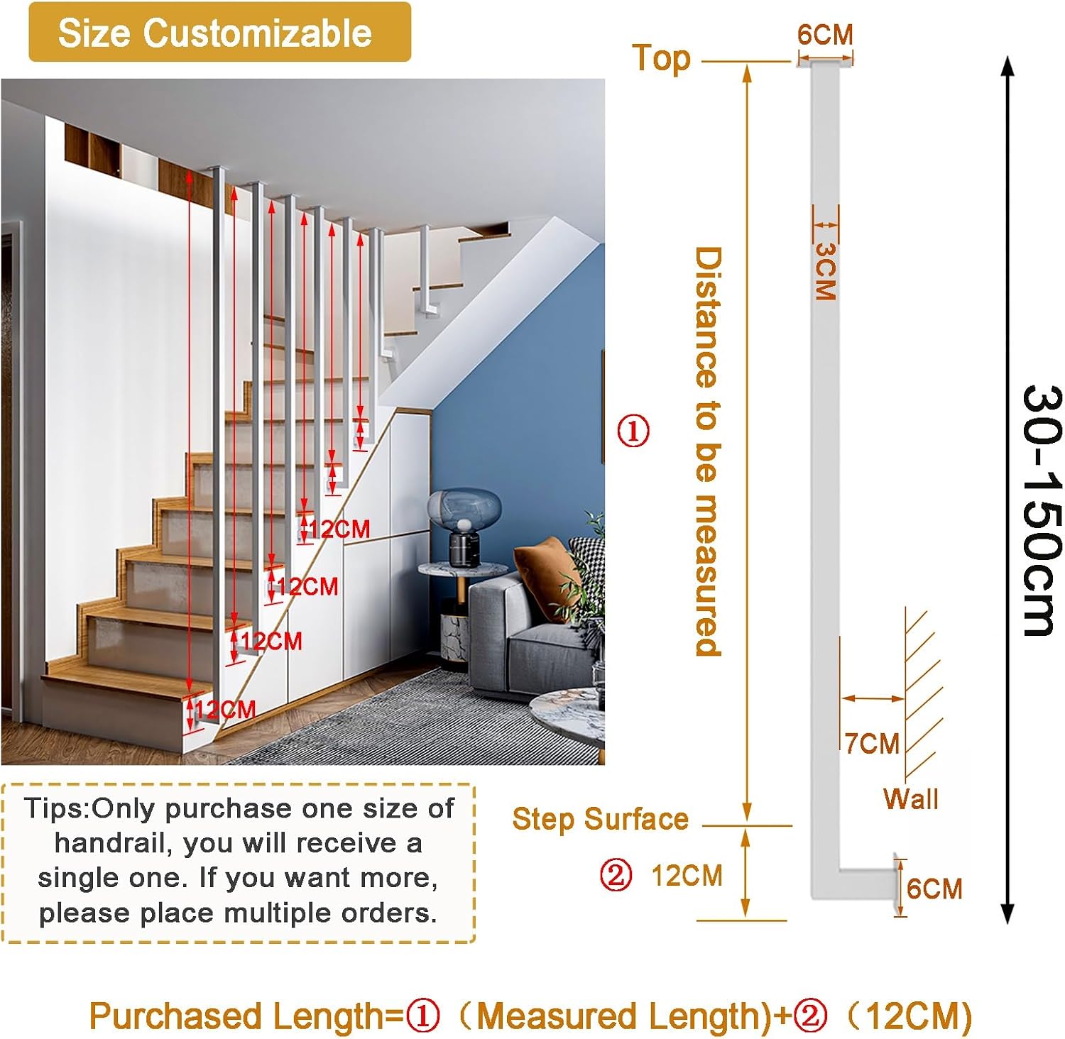 30-150cm Staircase Handrail Banister Kit, Ceiling Mounted Railing for ...