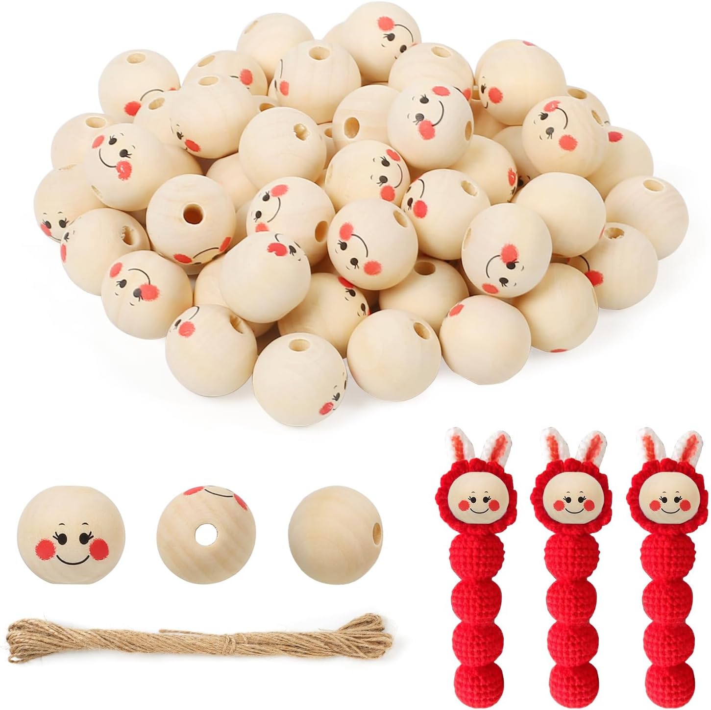 PH PandaHall 100pcs 5 Styles Smile Face Wooden Beads 15~18mm Doll Head ...