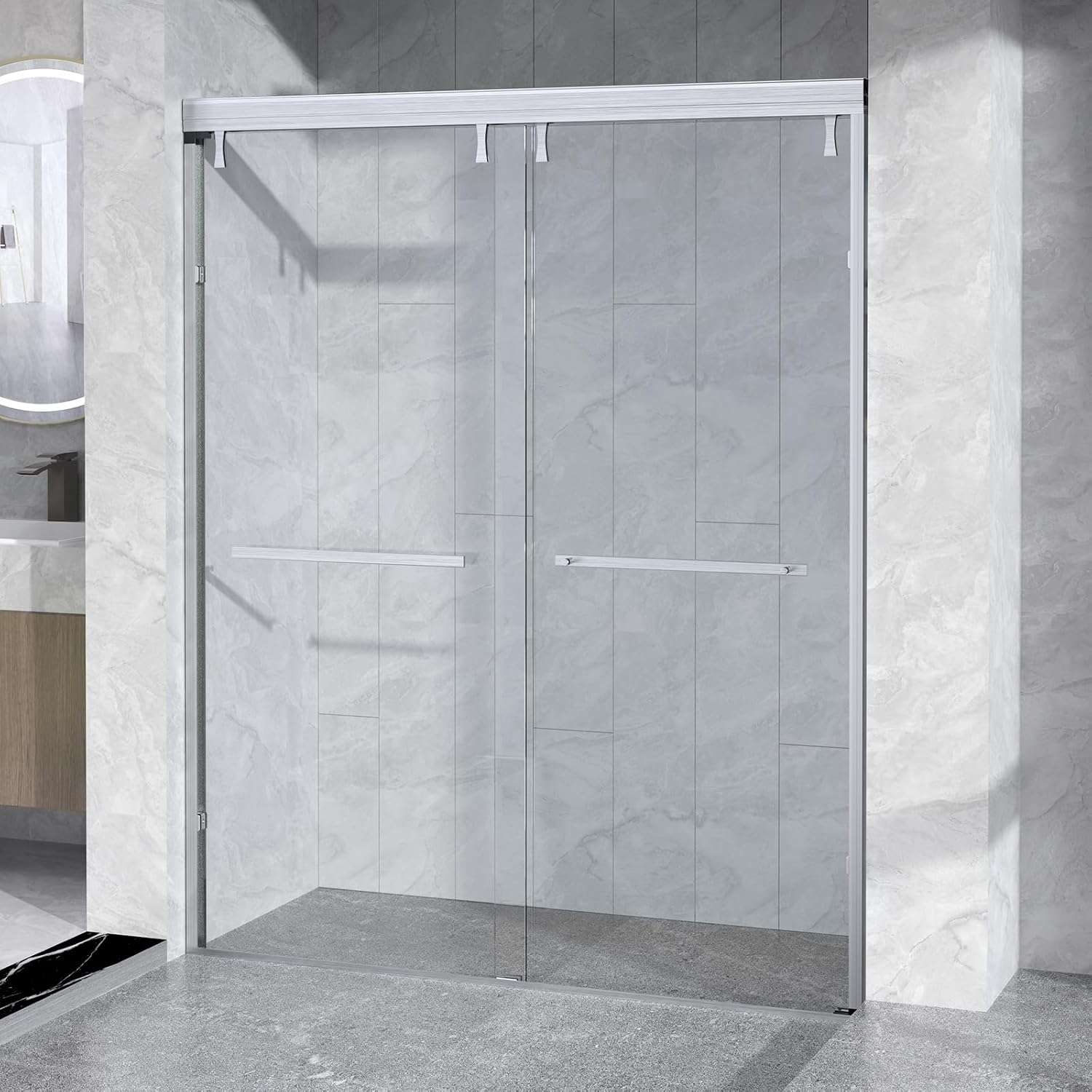 SPOWAY Semi-Frameless Double Sliding Shower Door, 44-48" W x 72" H, 1/4" Tempered Glass, 18.5 ...