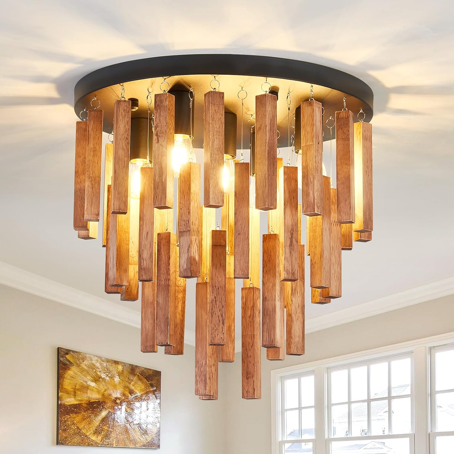 UOFUS 16.5inch 5-Light Rustic Wood Flush Mount Ceiling Light Fixture ...