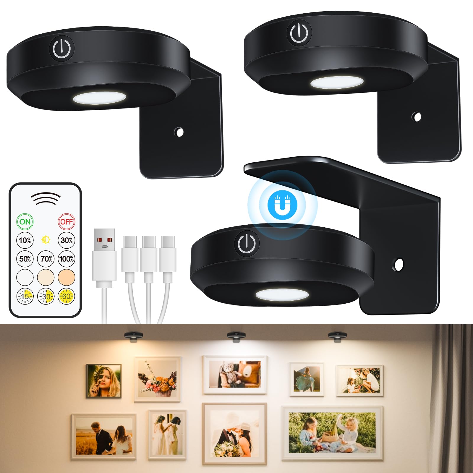 WILLED Picture Lights for Wall Rechargeable,Wireless Battery Operated ...