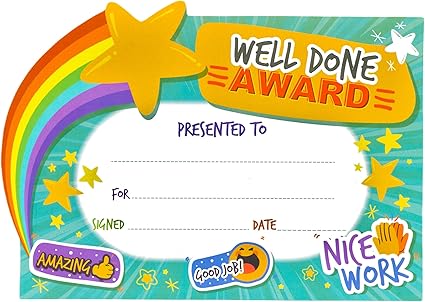 20 x Well Done Award Certificates for Kids – Colourful A5 Reward Cards ...
