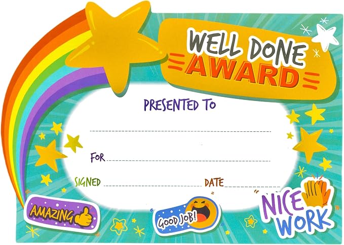 20 x Well Done Award Certificates for Kids – Colourful A5 Reward Cards ...