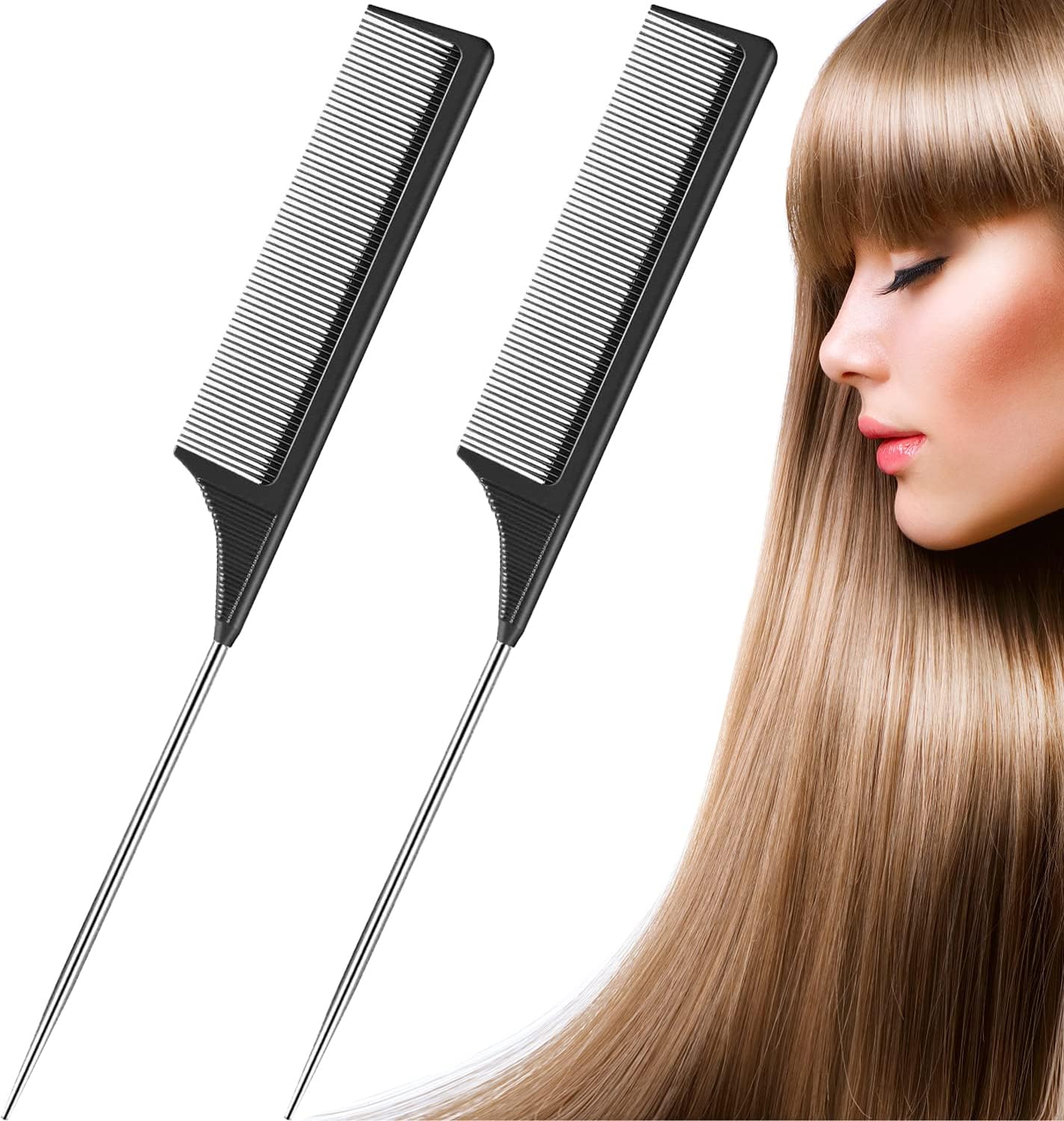2 Pack Rat Tail Comb, Stainless Steel Pintail and Heat Resistant Carbon ...