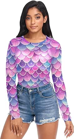 BOENLE Sparkling Mermaid Scales Long Sleeve Shirts for Women Sexy Sheer ...