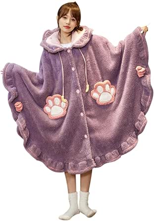 Jilneed Cute Fuzzy Robe Women Housecoats Cat Ear Hooded Cloak Plush ...