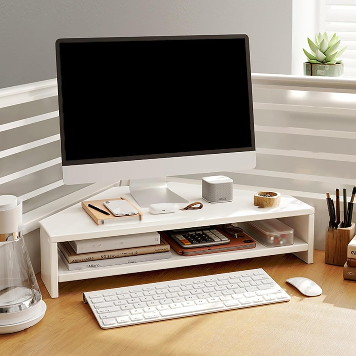 YANBI Office Organizer Rack with Storage, Wooden Corner Monitor Stands ...